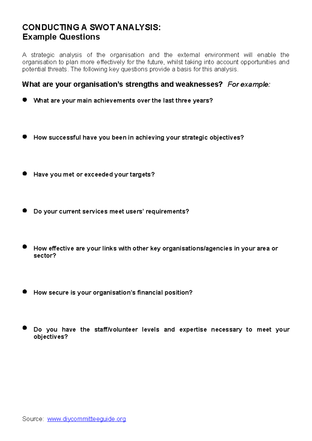 SWOT analysis questionnaire - CONDUCTING A SWOT ANALYSIS: Example ...
