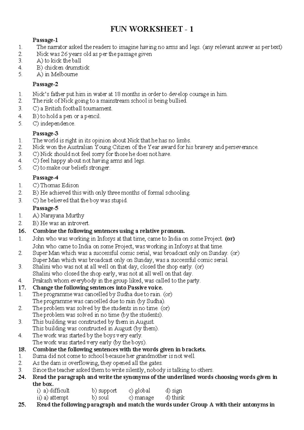 AP English Fun Work Phase III - KEY - FUN WORKSHEET - 1 Passage- The ...