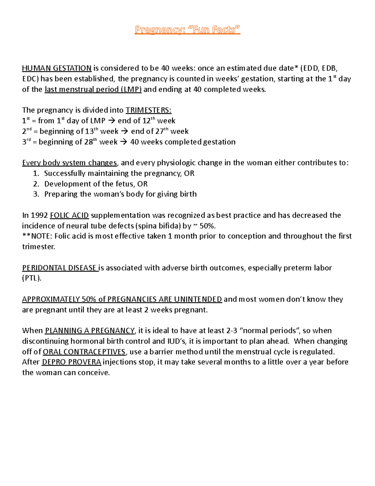 Pregnancy FUN Facts Sheet - Pregnancy: “Fun Facts” HUMAN GESTATION is ...