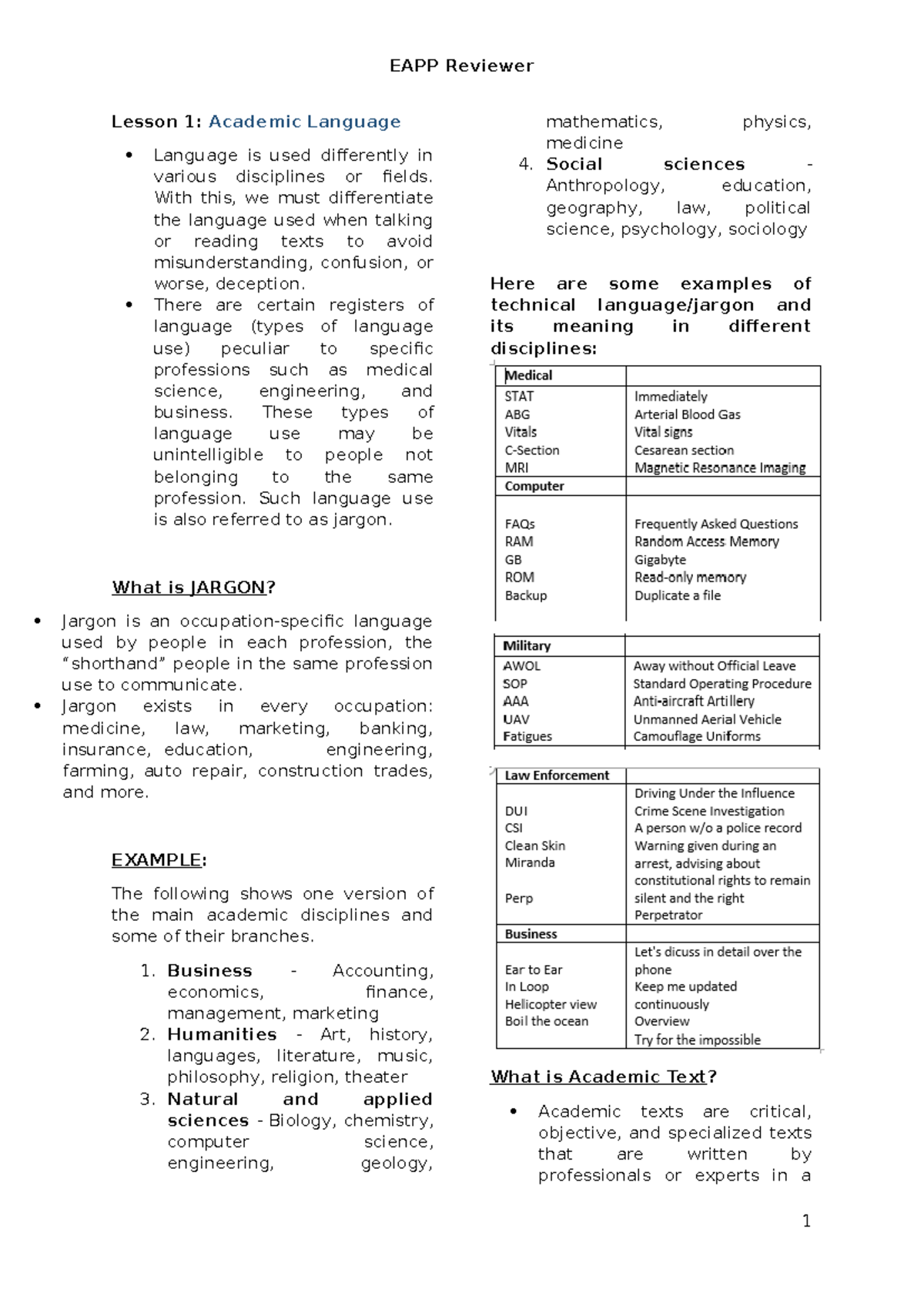 EAPP Reviewer - Lesson 1: Academic Language Language is used ...