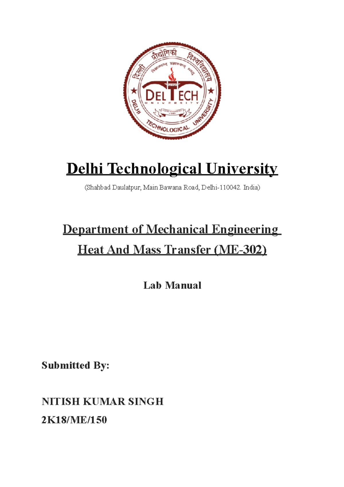 HMT LAB Manual 2K18 ME 150 - Delhi Technological University (Shahbad Daulatpur, Main Bawana Road ...