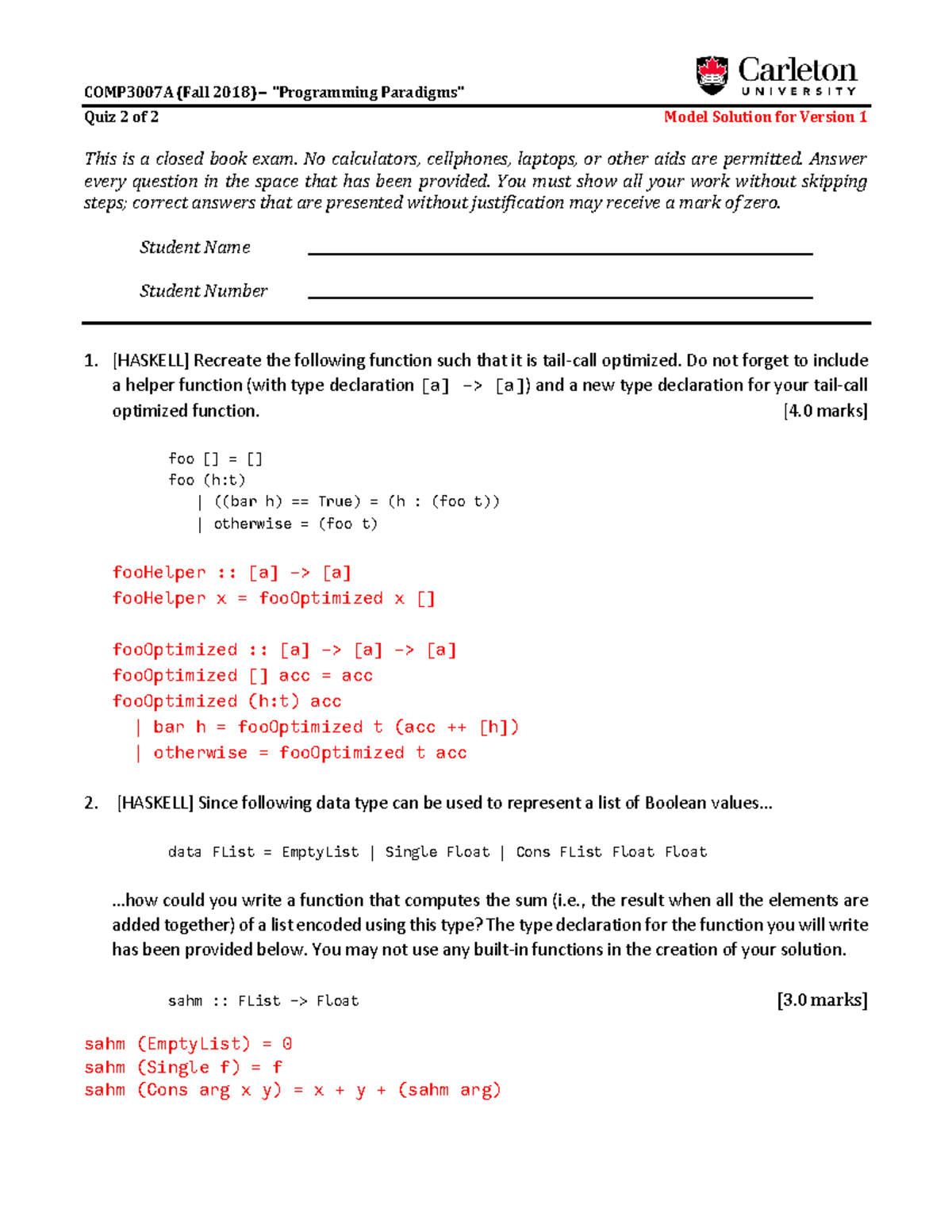 Quiz 2 10 October, answers - COMP3007A (Fall 2018) "Programming ...