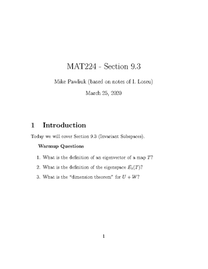 Mat224 2 - good notes - MAT224 Linear Algebra II Lecture Notes Tianyu ...