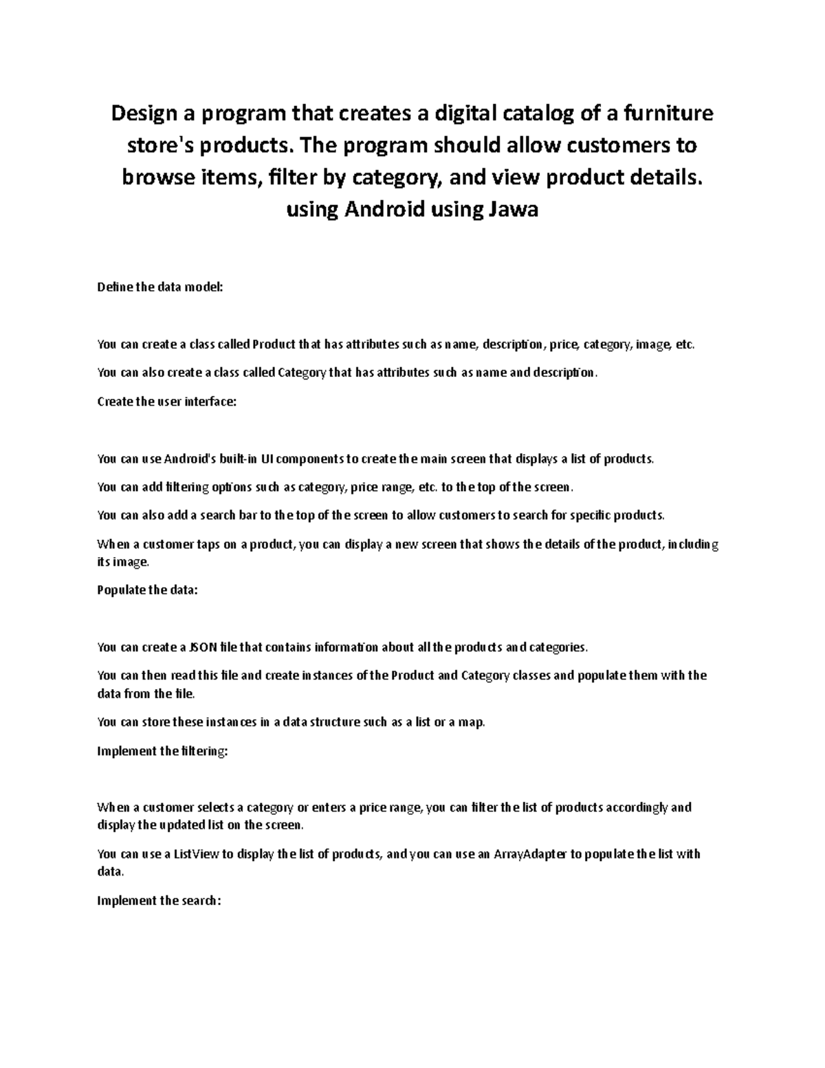 Using Android Using Java Design A Program That Creates A Digital Catalog Of A Furniture Store