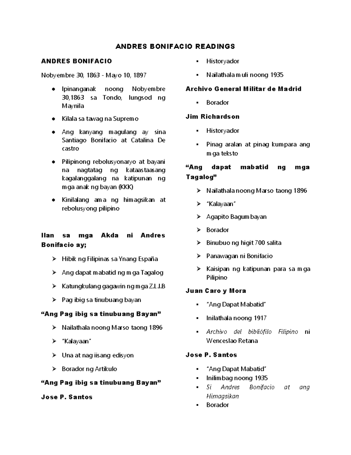 Andres Bonifacio Readings - ANDRES BONIFACIO READINGS ANDRES BONIFACIO ...