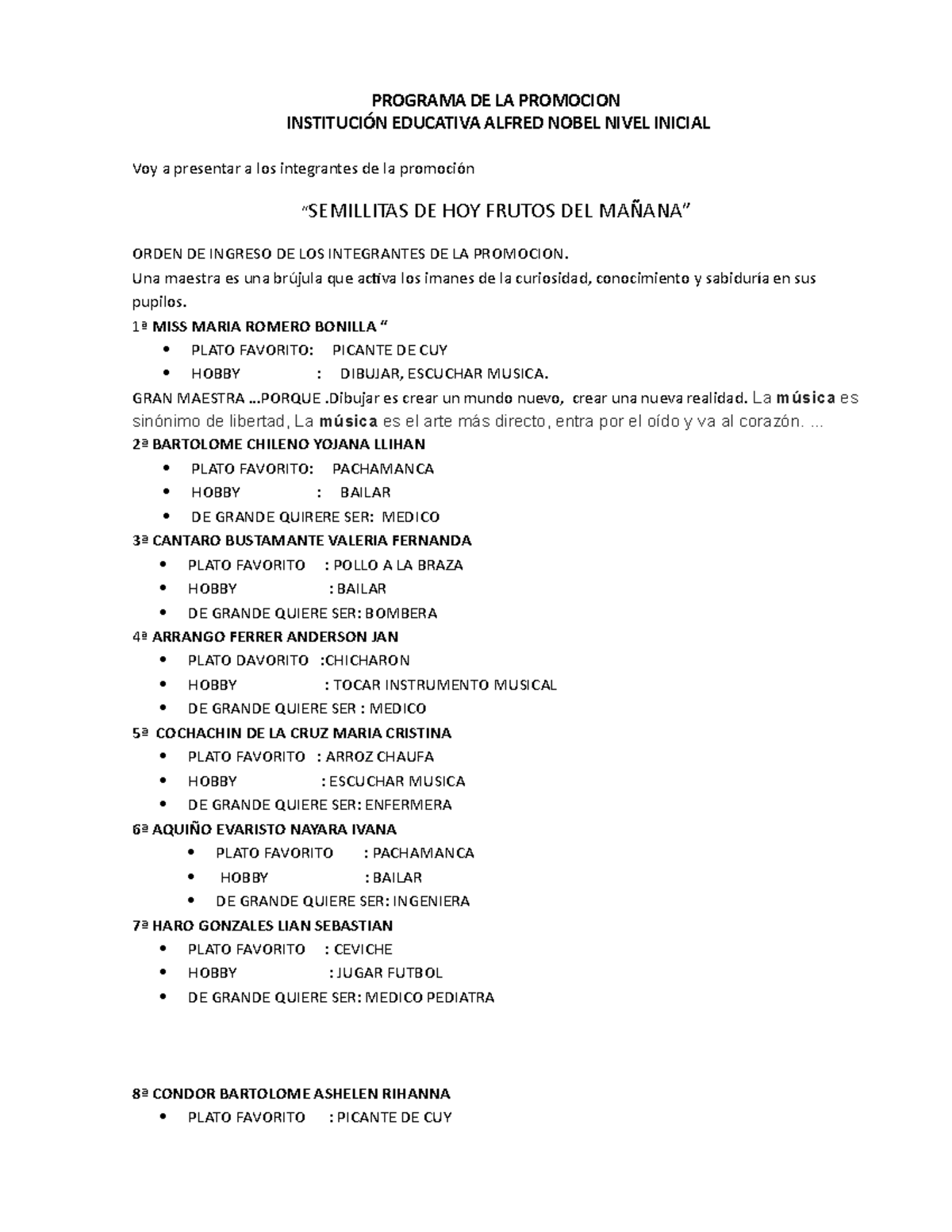 Programa-Fiesta-Promocion alfred nobel inicial - PROGRAMA DE LA PROMOCION INSTITUCIÓN EDUCATIVA ...