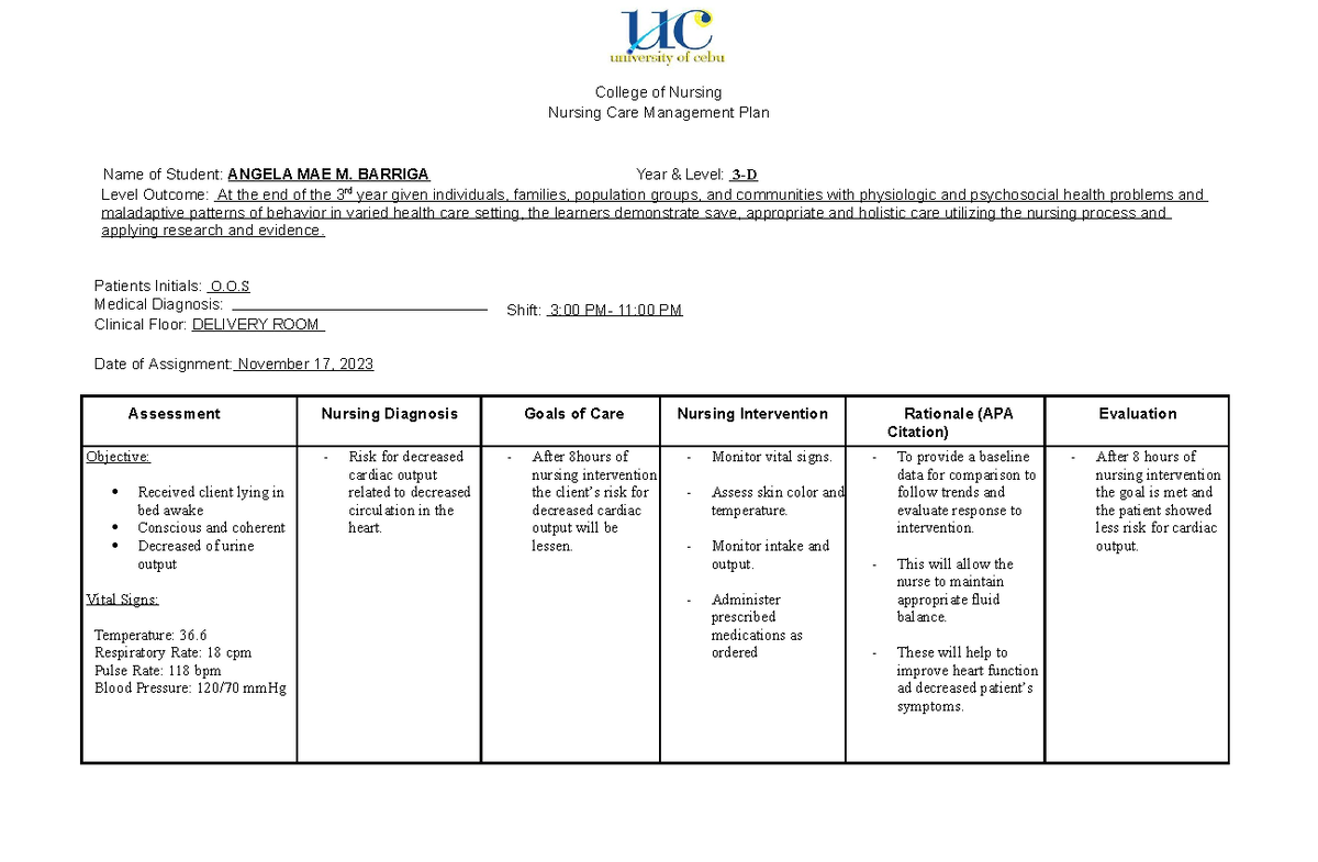 Nursing Care Plan - College of Nursing Nursing Care Management Plan ...