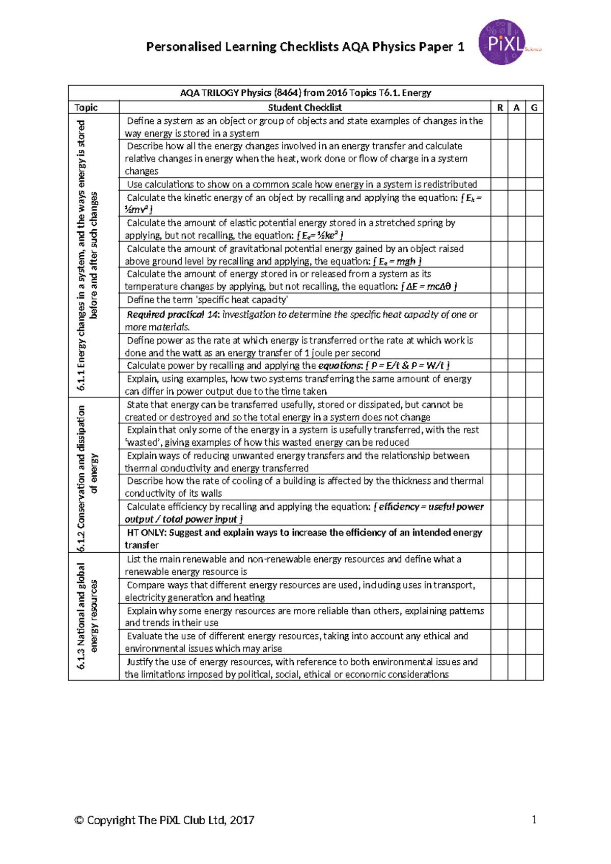 Personalised Learning Checklists AQA Trilogy Physics Paper 1 - AQA TRILOGY Physics (8464) from ...