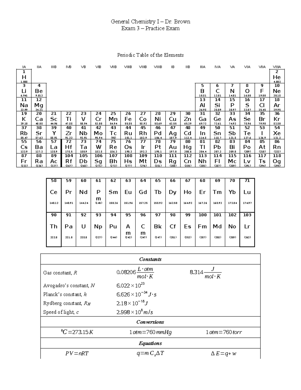 GCI, Exam 3, Practice Exam - 2016 - Exam 3 – Practice Exam Periodic ...