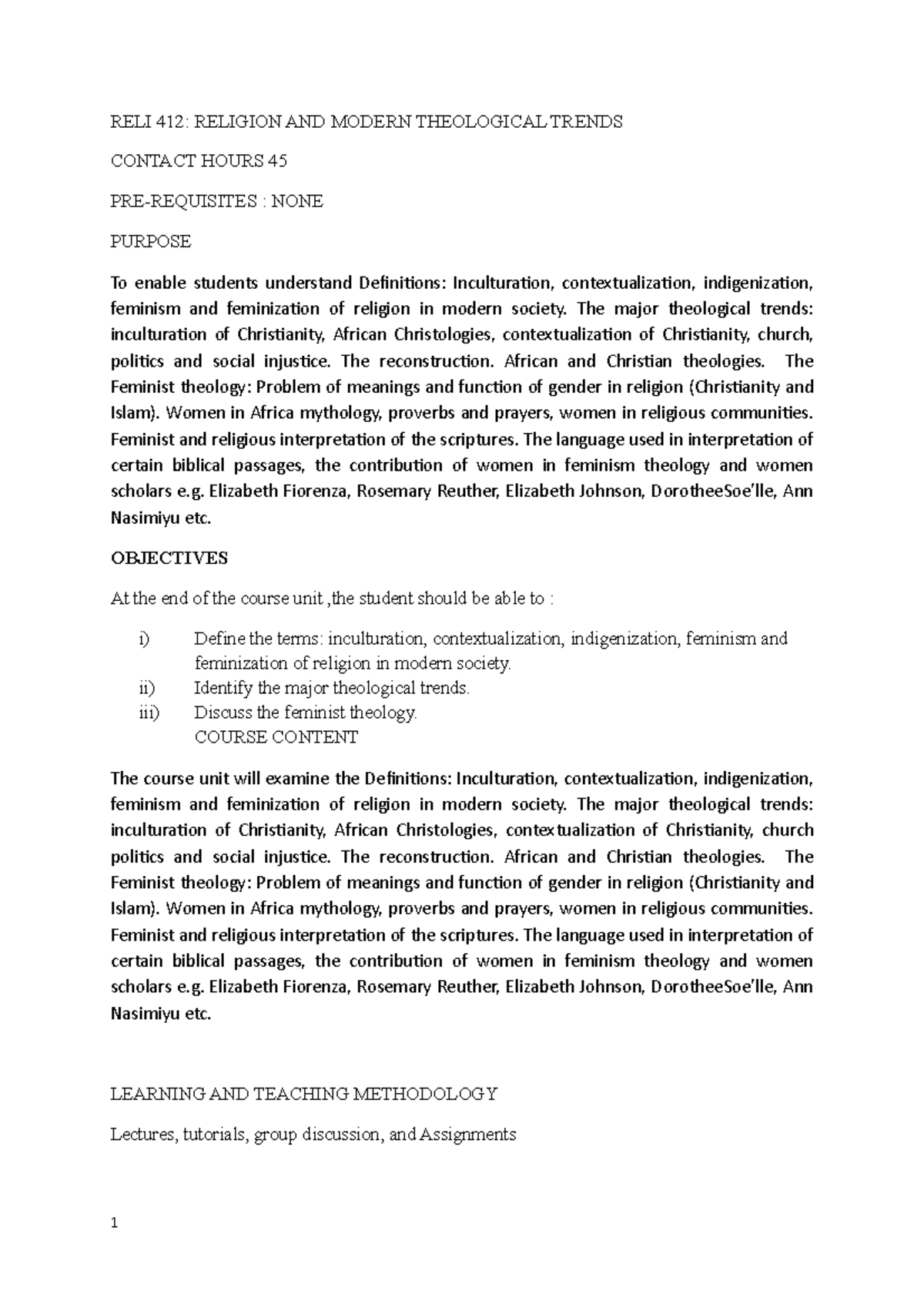 REL 412 Religion AND Modern Theological Trends - RELI 412: RELIGION AND ...