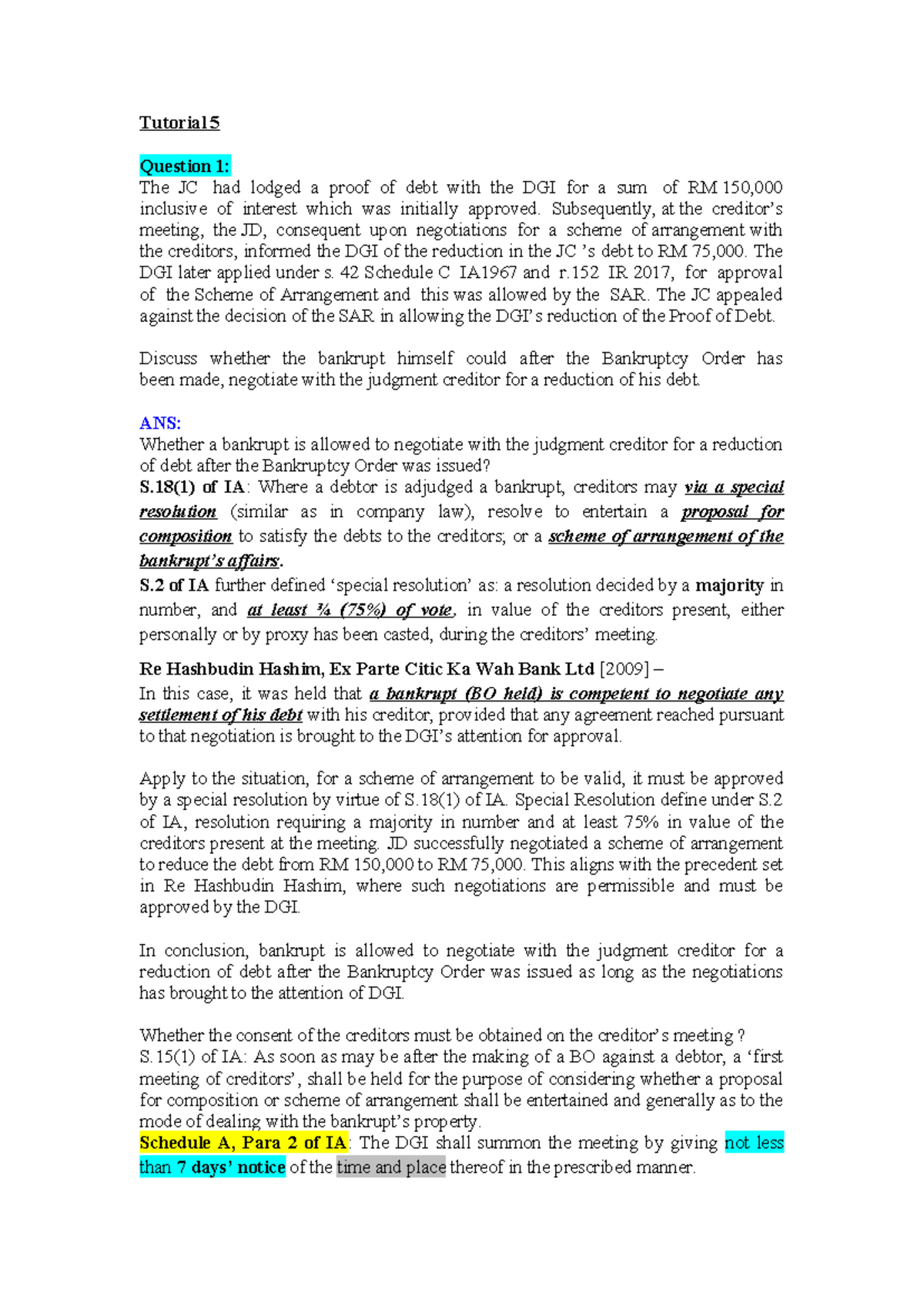 Insolvency Tutorial 5 - for ur reference only - Tutorial 5 Question 1 ...