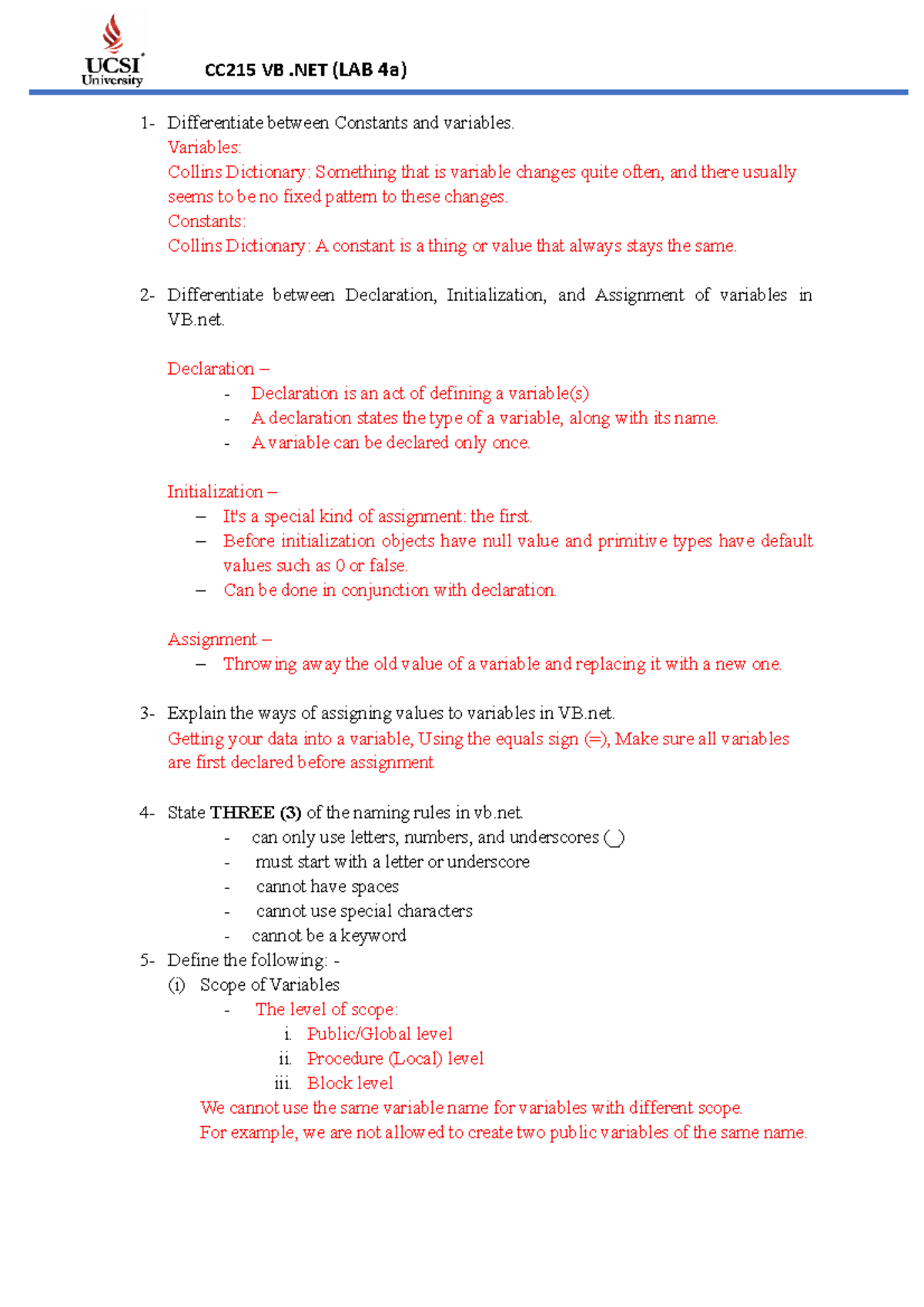 LAB 4a - Lab 4a - CC215 VB .NET (LAB 4a) 1- Differentiate between Constants and variables. - Studocu
