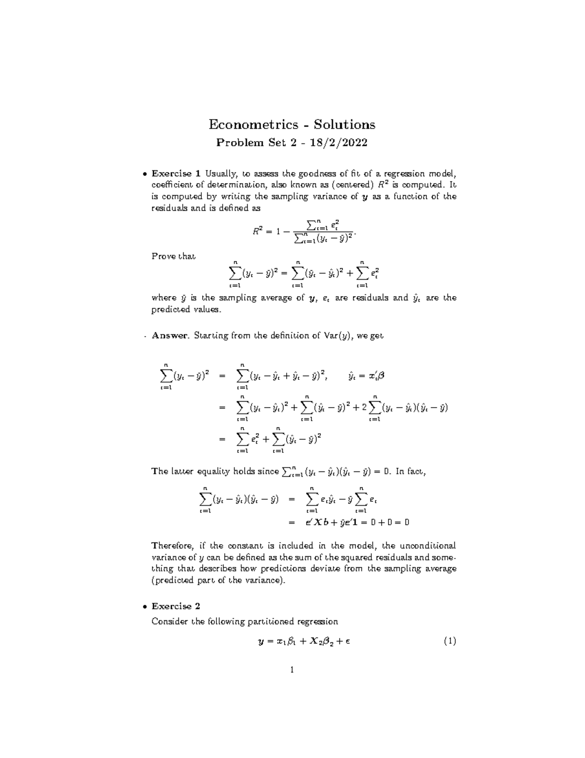 PS2 sol - Esercizi tipo esame raggi in inglese - Econometrics - Solutions Problem Set 2 - 18/2 ...