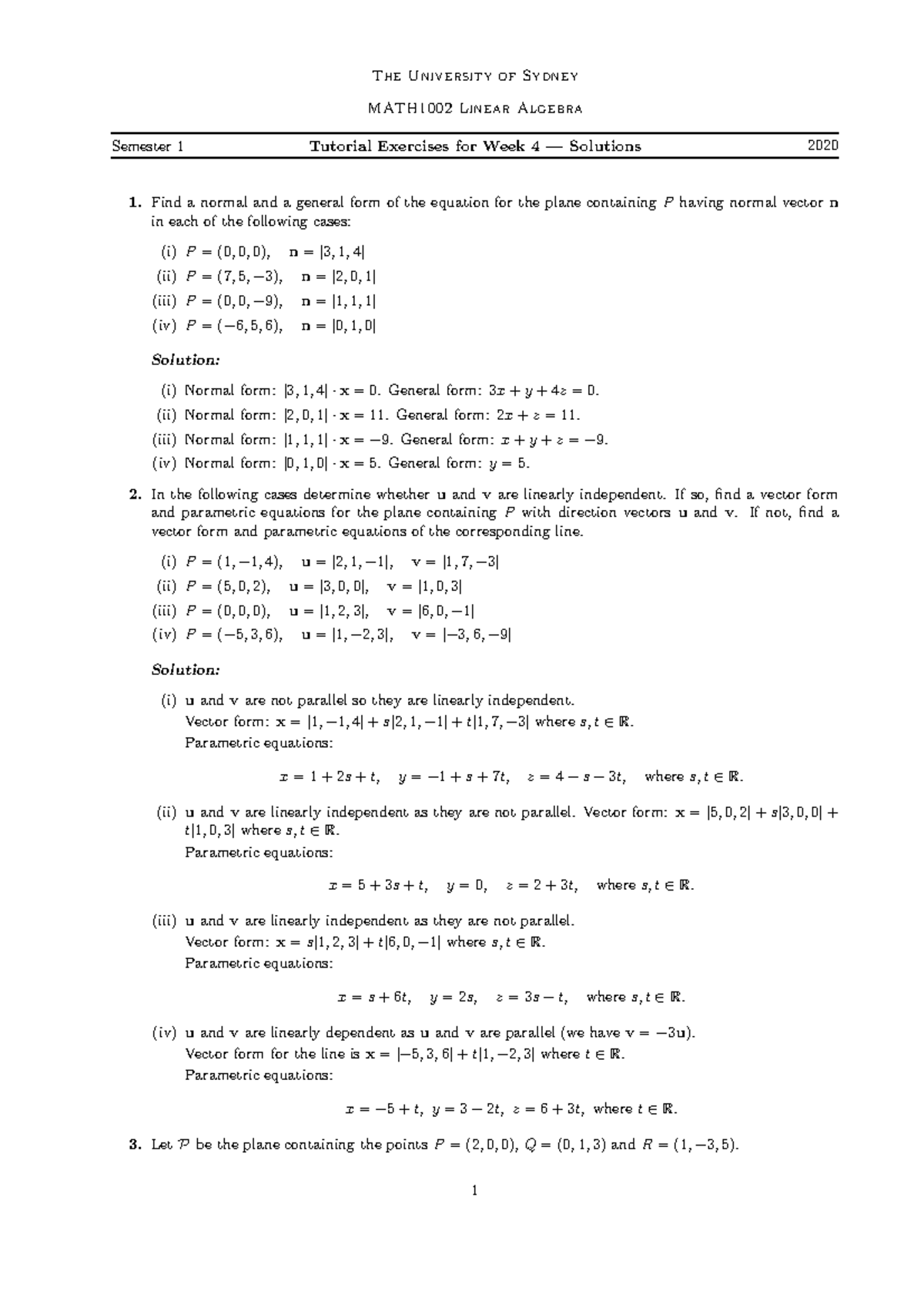 Week4-sol - week4 - The University of Sydney MATH1002 Linear Algebra Semester 1 Tutorial ...