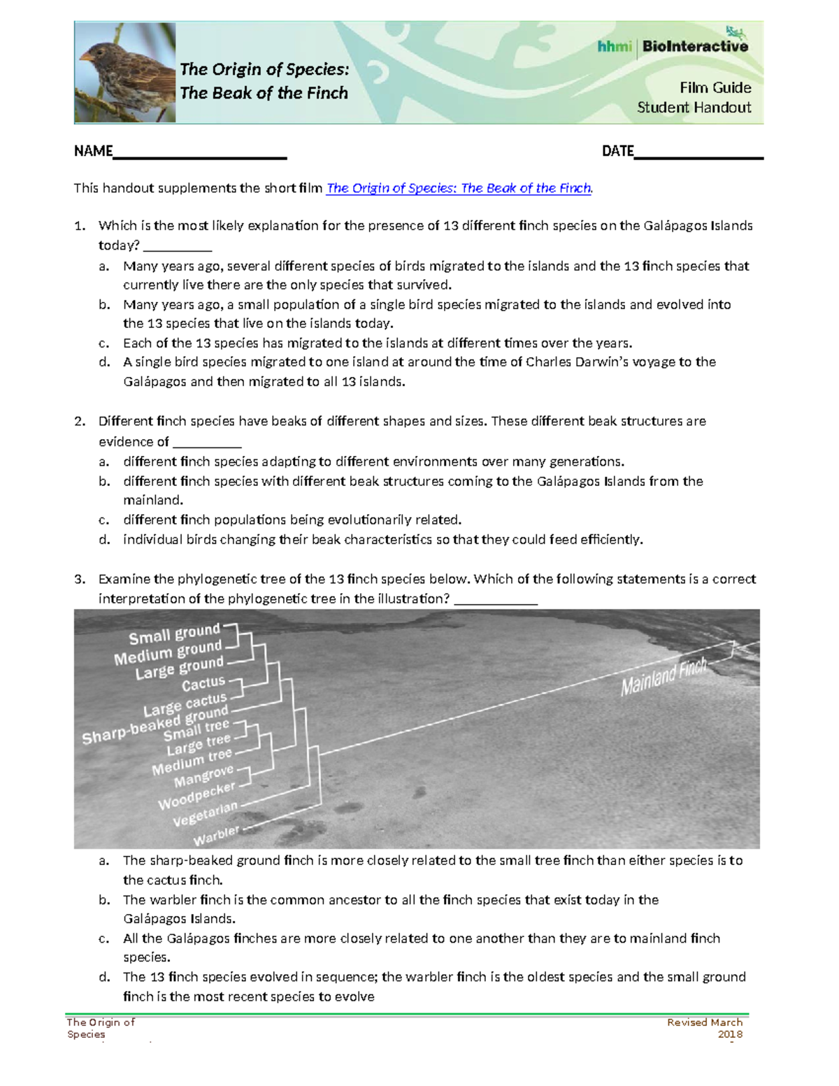 Biology - The Origin of Species Revised March 2018 NAME DATE This ...