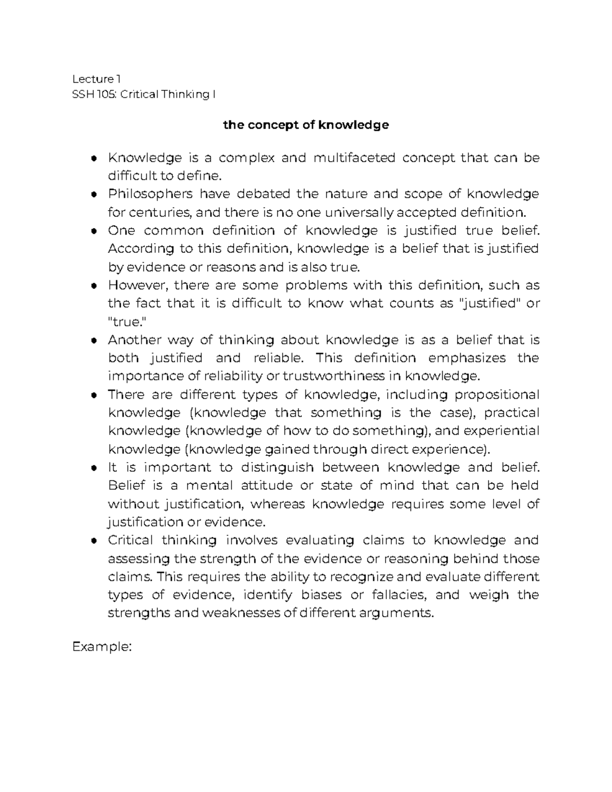 Lecture 1 Ssh 105 Critical Thinking I Lecture 1 Ssh 105 Critical Thinking I The Concept Of