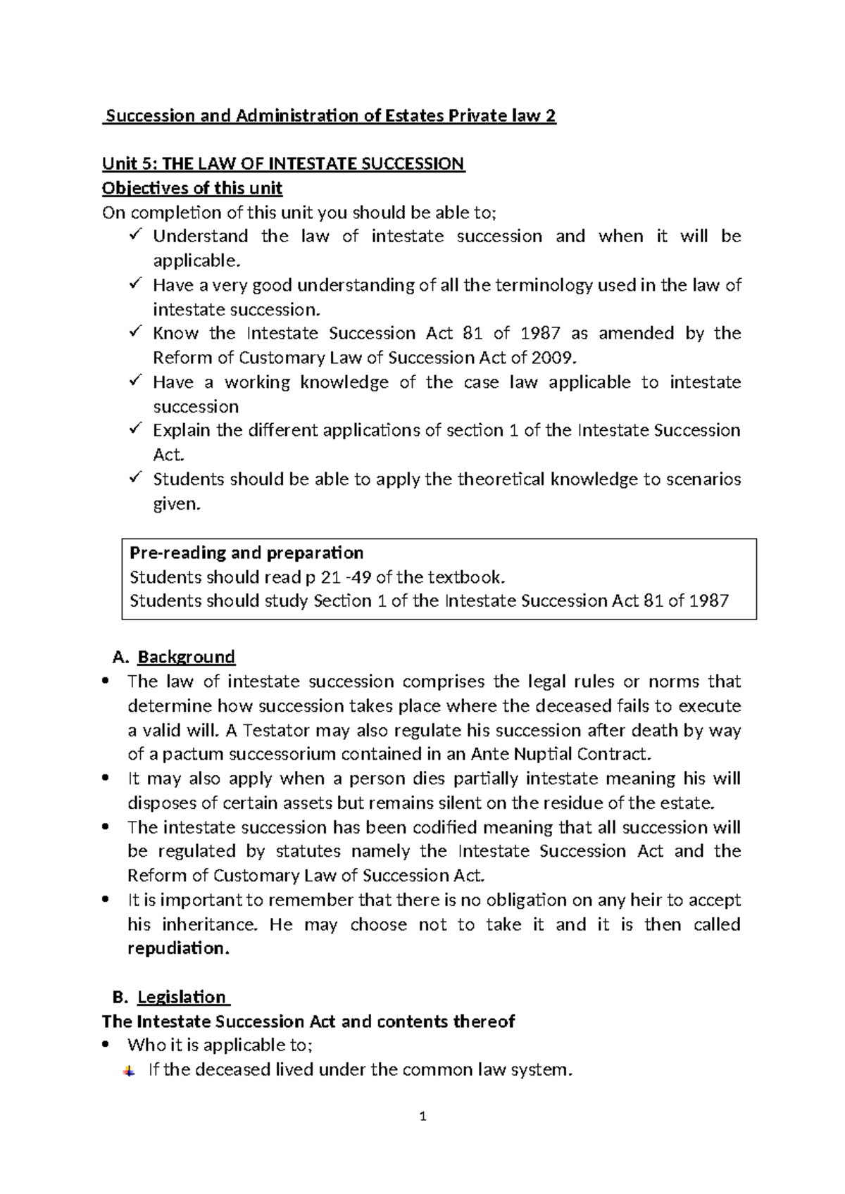 Private Law - Succession notes - Succession and Administration of ...