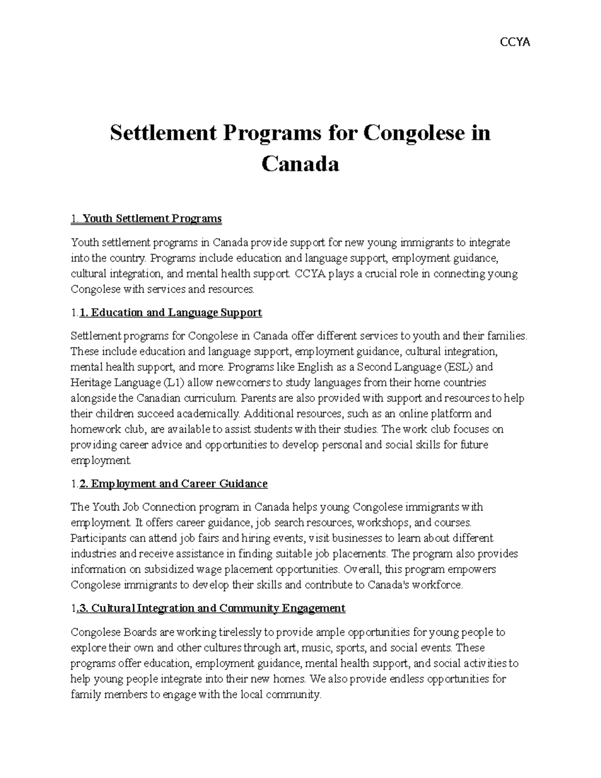 CCYA Settlement Program Outline - Settlement Programs for Congolese in ...