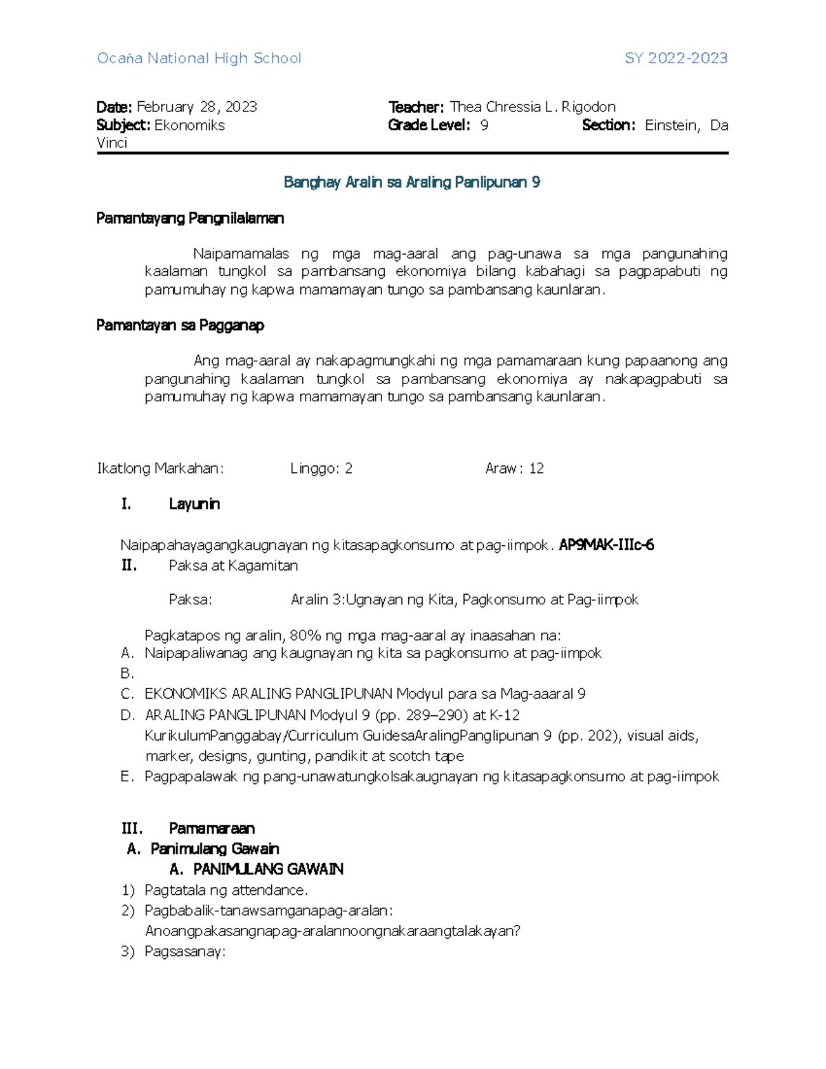 Iplan-3rd Qurater CO1 2023 - Date: February 28, 2023 Teacher: Thea ...