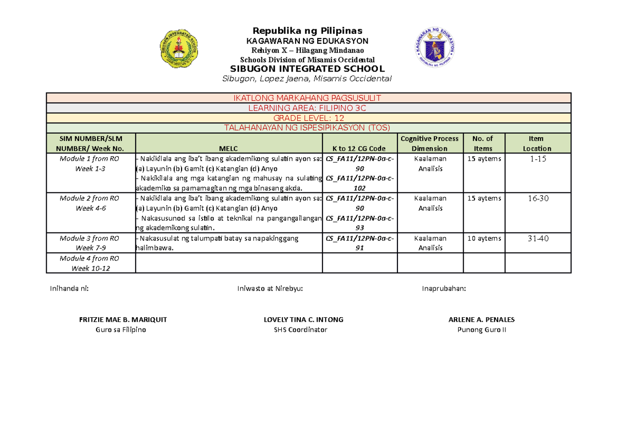 TOS Filipino sa Piling Larang - Republika ng Pilipinas KAGAWARAN NG ...