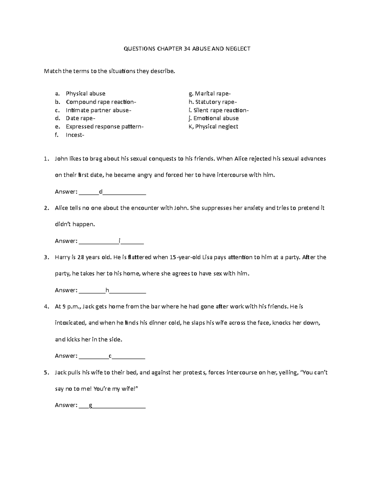 Questions CH 34 Abuse AND Neglect - QUESTIONS CHAPTER 34 ABUSE AND ...