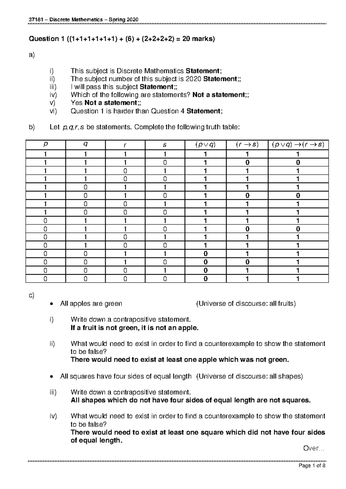 37181 Final 2020 sols Q1 - 37181 – Discrete Mathematics – Spring 2020 Page 1 of 8 Question 1 ...