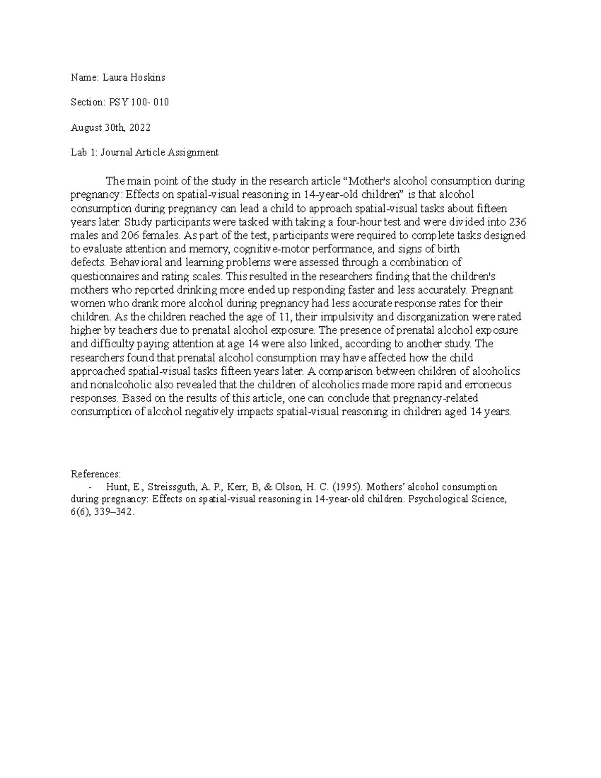 Lab 1- Journal Article Assignment - Name: Laura Hoskins Section: PSY ...