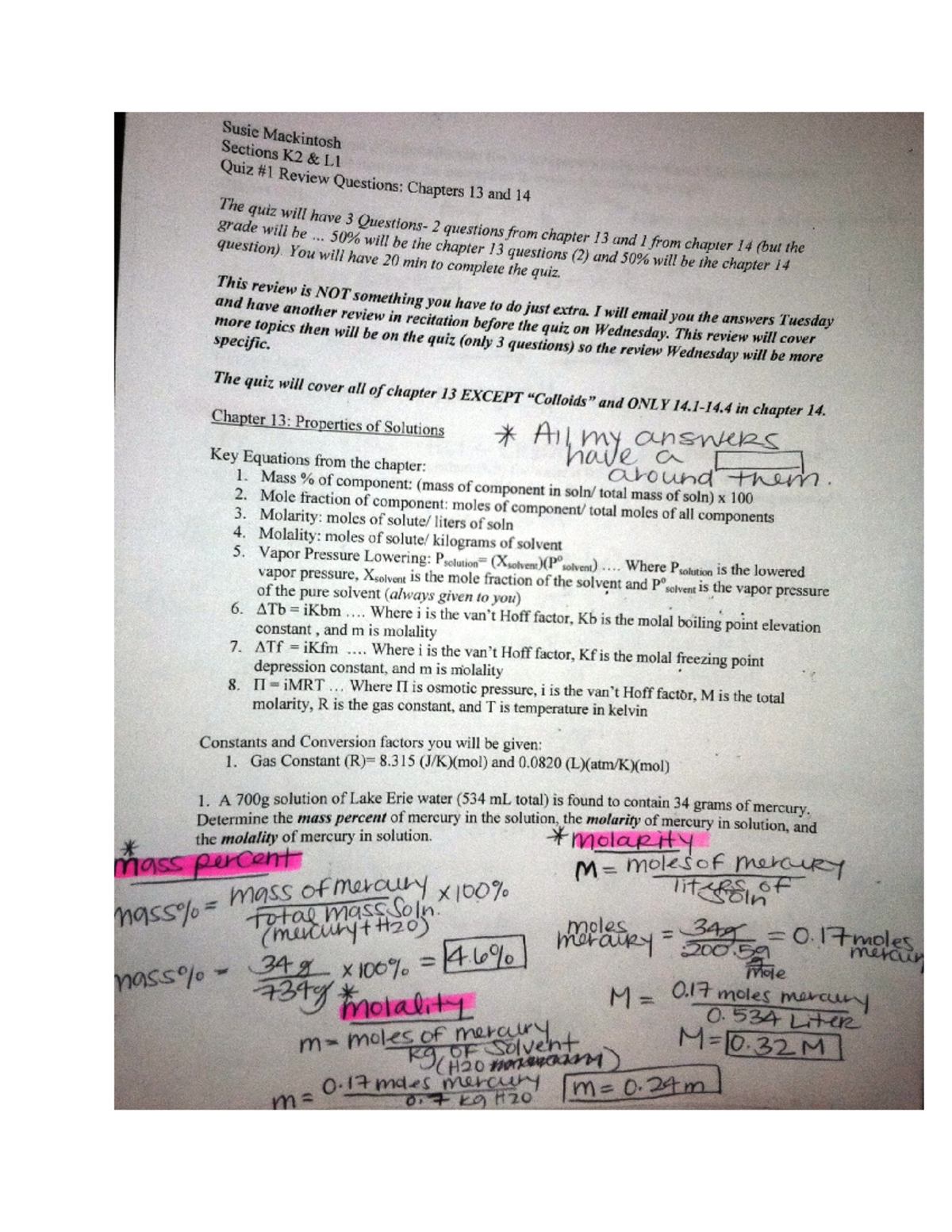 CHE102 Quiz 1 Review -Answers - 17w quiz will cover ofchapter 13 EXCEPT ...