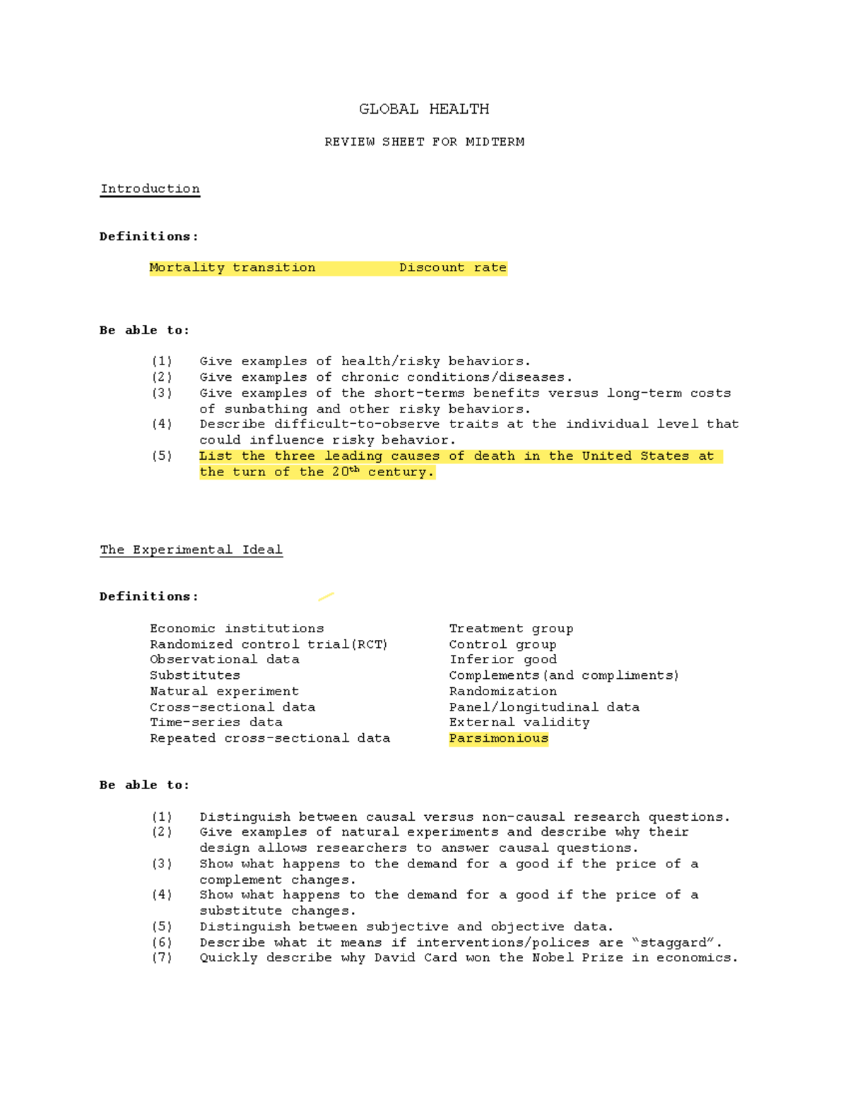 Midterm review - GLOBAL HEALTH REVIEW SHEET FOR MIDTERM Introduction Definitions: Mortality ...