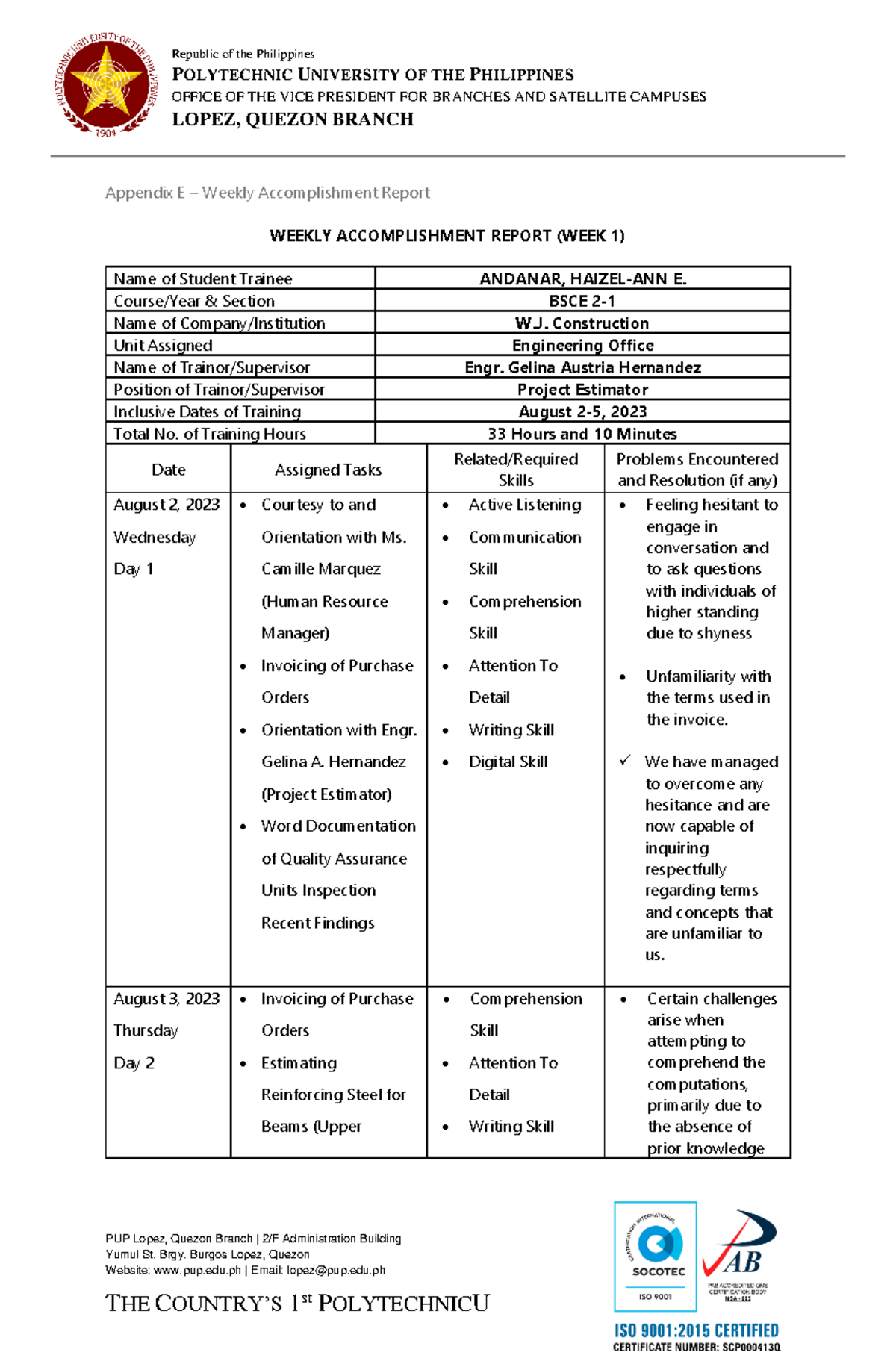 Andanar-WEEK 1 Accomplishment Report - POLYTECHNIC UNIVERSITY OF THE ...