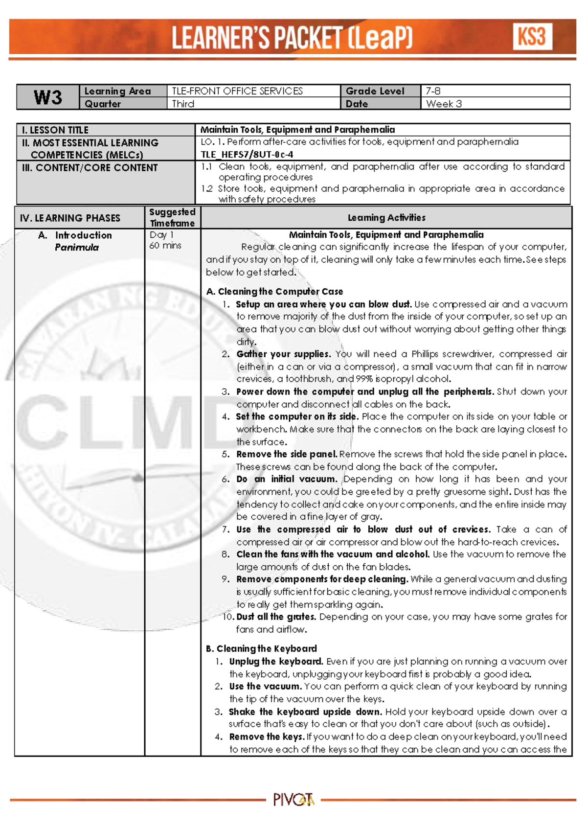 TLE HE FO78 W3 - None - W Learning Area TLE-FRONT OFFICE SERVICES Grade Level 7 - 8 Quarter ...