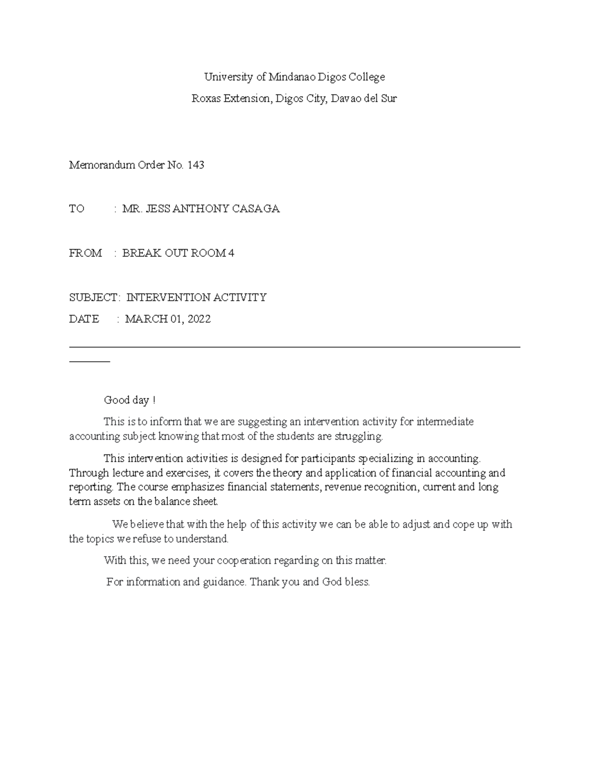 Memorandum-1 - STUDY GUIDE - University of Mindanao Digos College Roxas ...