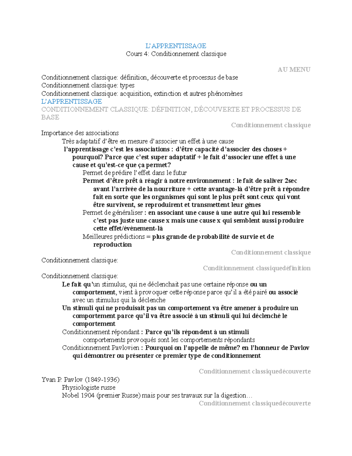 Cours 4 - L’APPRENTISSAGE Cours 4: Conditionnement classique AU MENU ...
