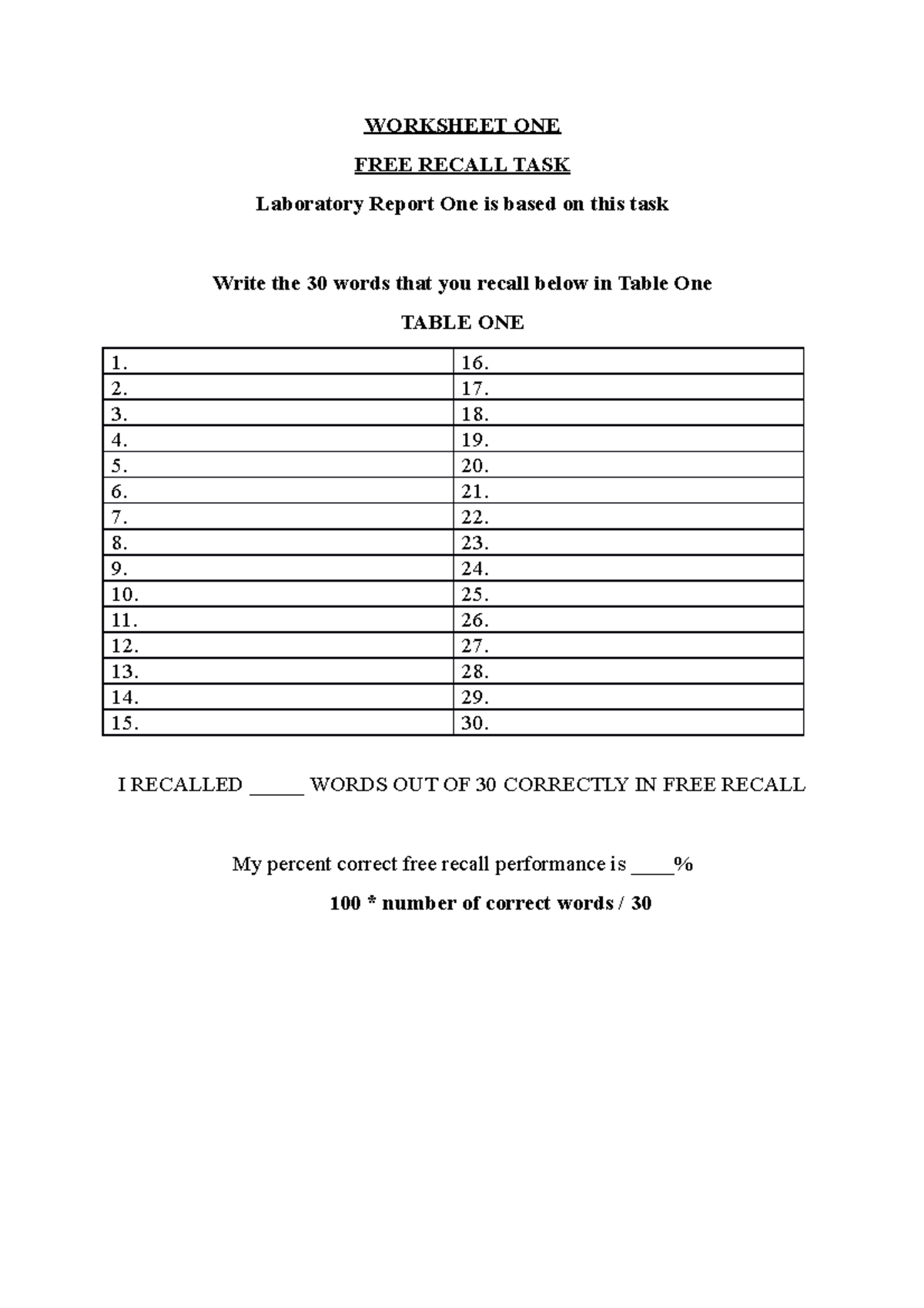 Worksheet One-1 - Tutorial Work - WORKSHEET ONE FREE RECALL TASK ...