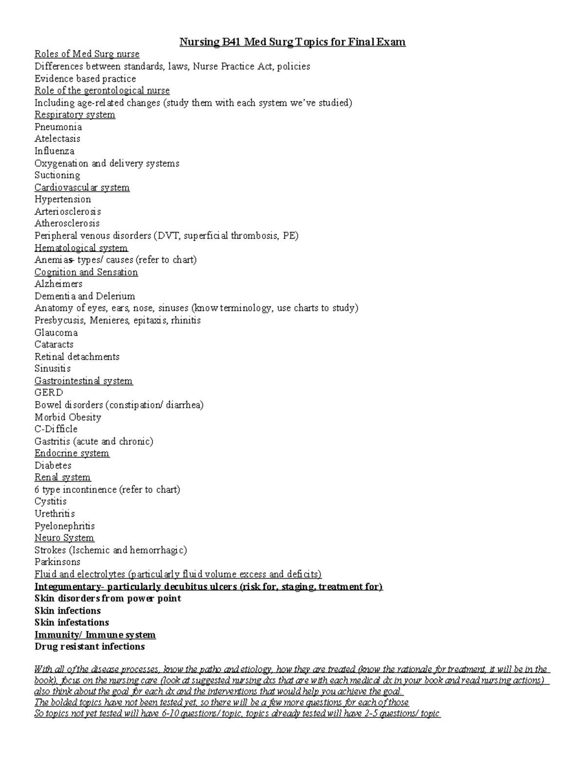 Med Surg Topics for final review - Nursing B41 Med Surg Topics for ...