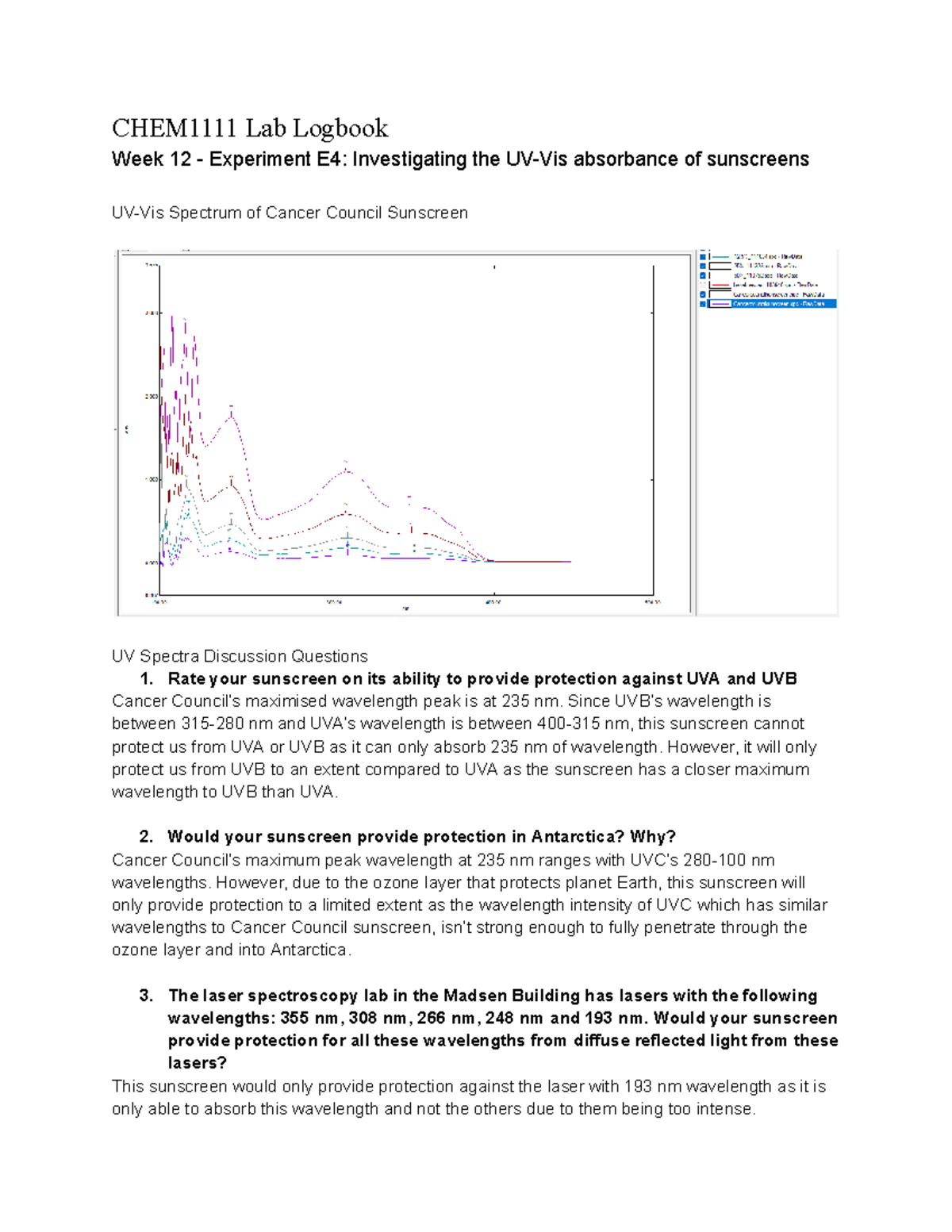 E4.5.1 Logbook - CHEM1111 Lab Logbook Week 12 - Experiment E4: Investigating the UV-Vis ...