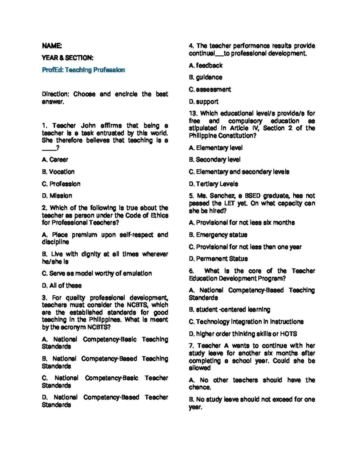 MOCK LET Prof Ed-Teaching Profession - NAME: YEAR & SECTION: ProfEd ...