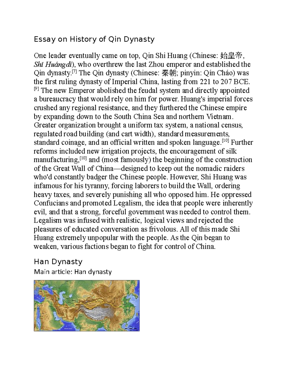 Essay on History of Qin Dynasty - [7] The Qin dynasty (Chinese: 秦朝 ...