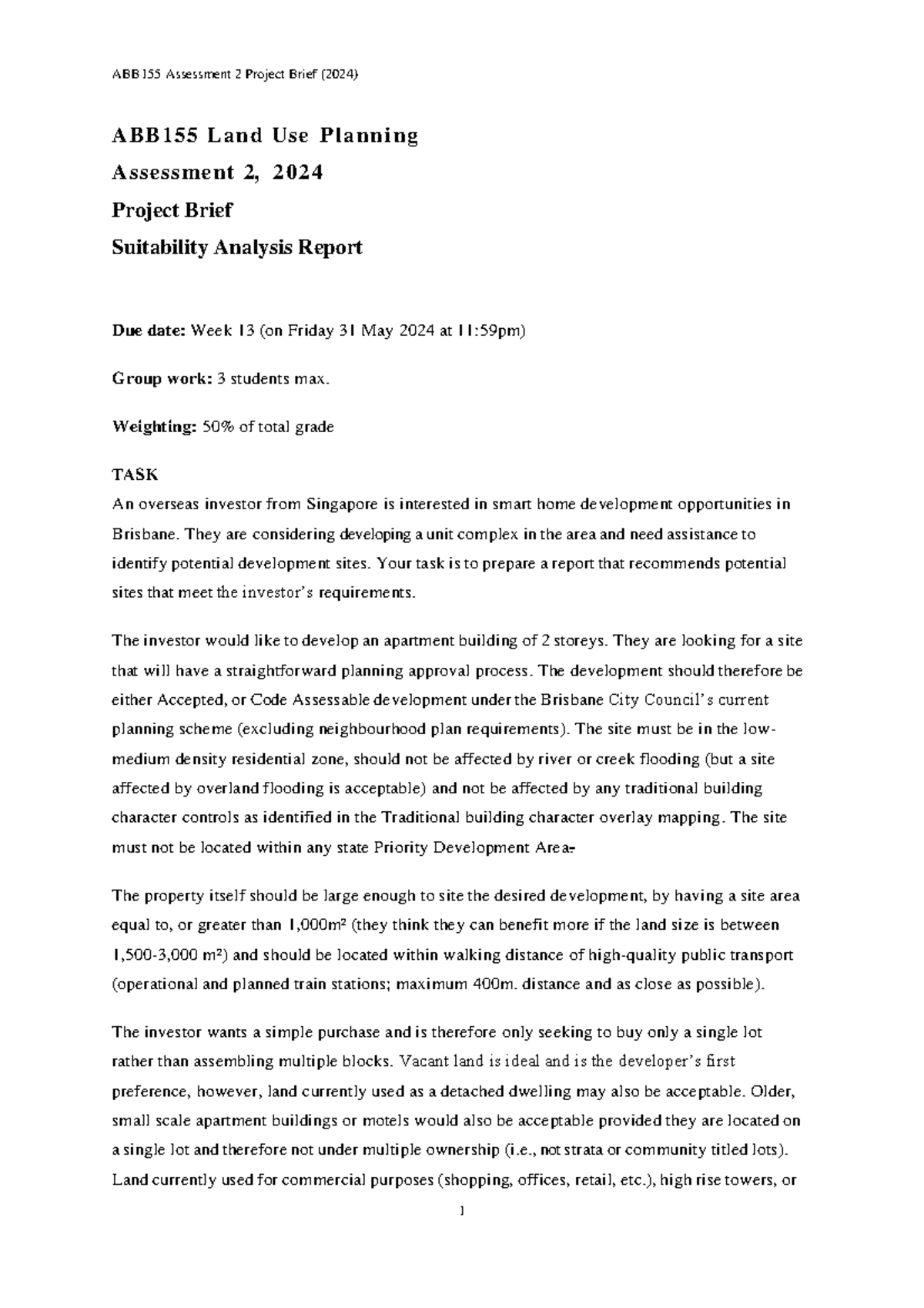 Assignment 2 Project Brief 2024 - ABB155 Land Use Pla nn ing Assessment ...