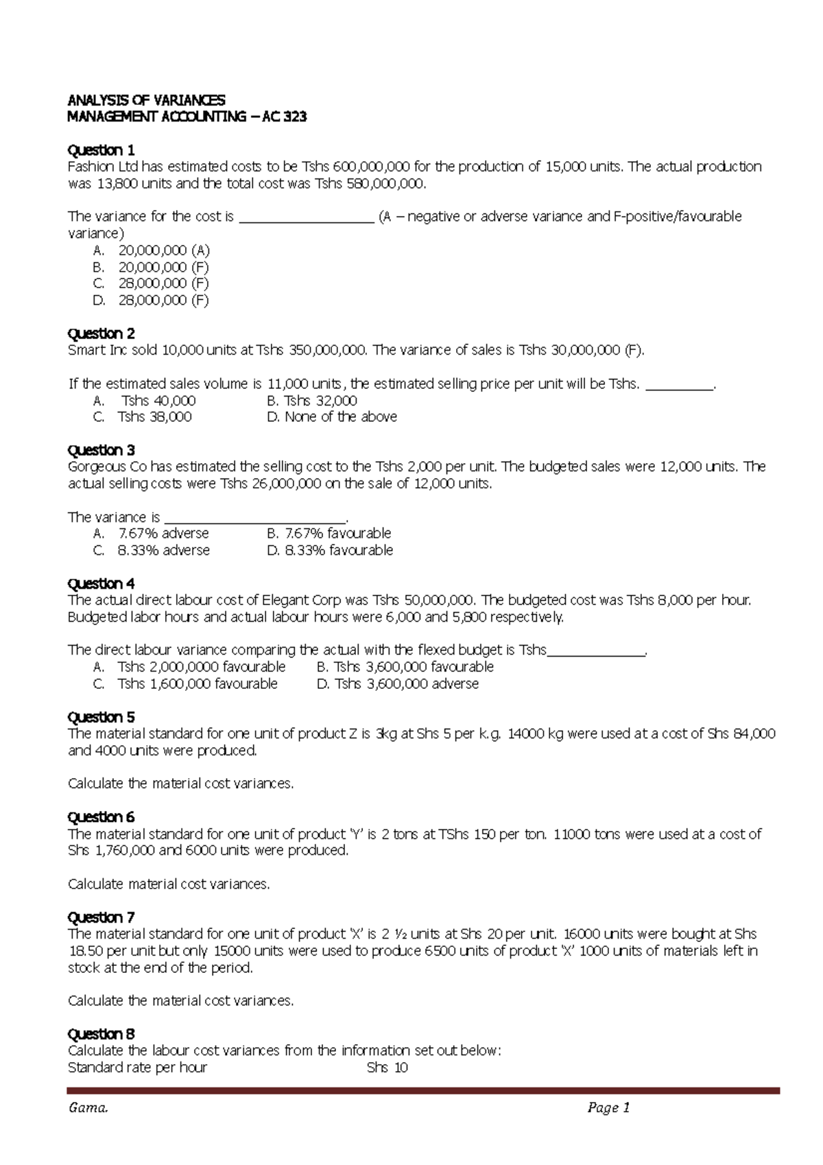 Variance Qs - Practice on solving variety of questions - ANALYSIS OF ...