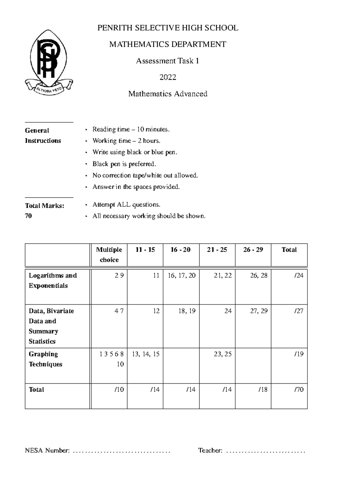 Year 12 Advanced Term 4 2022 - PENRITH SELECTIVE HIGH SCHOOL ...