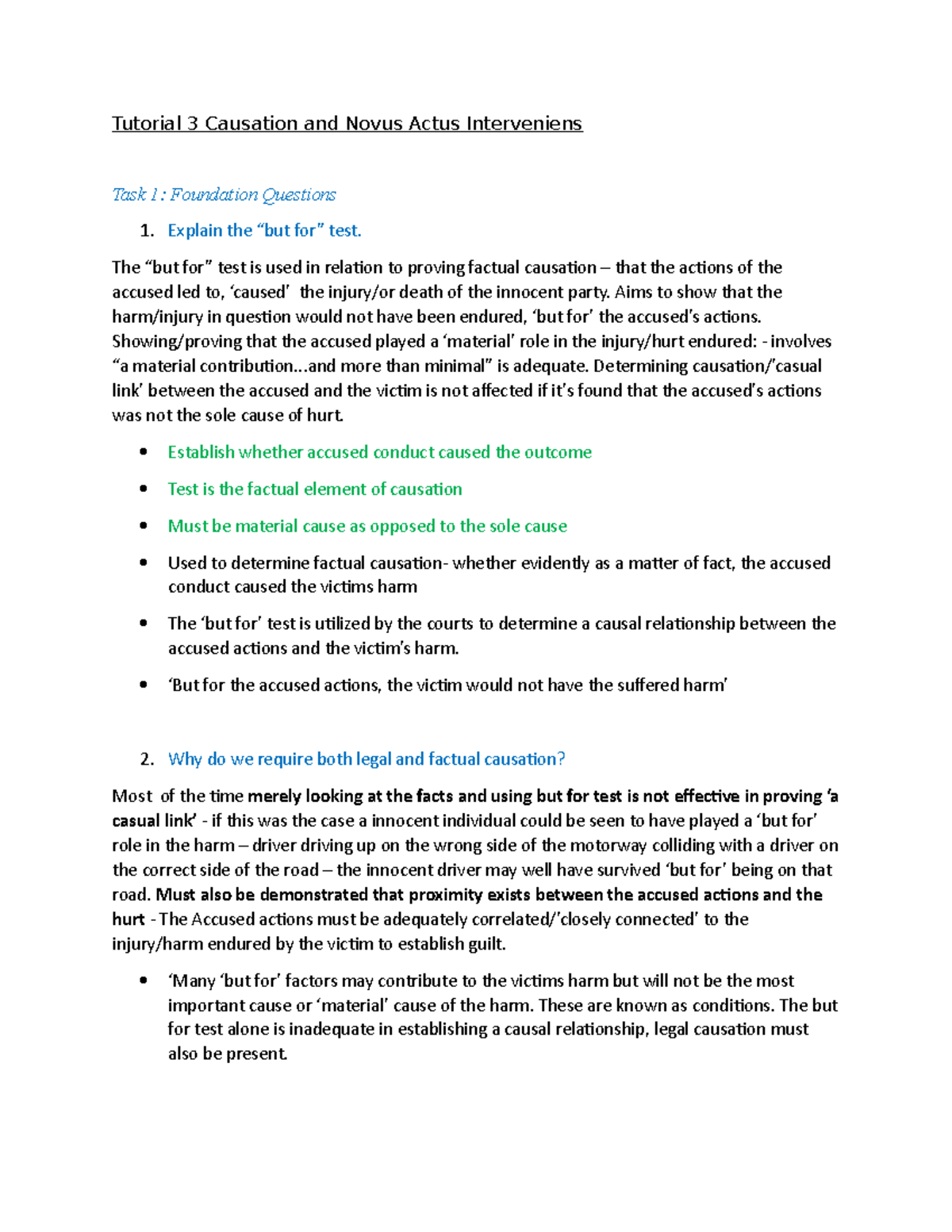 Criminal law tutorial 3 - Tutorial 3 Causation and Novus Actus ...