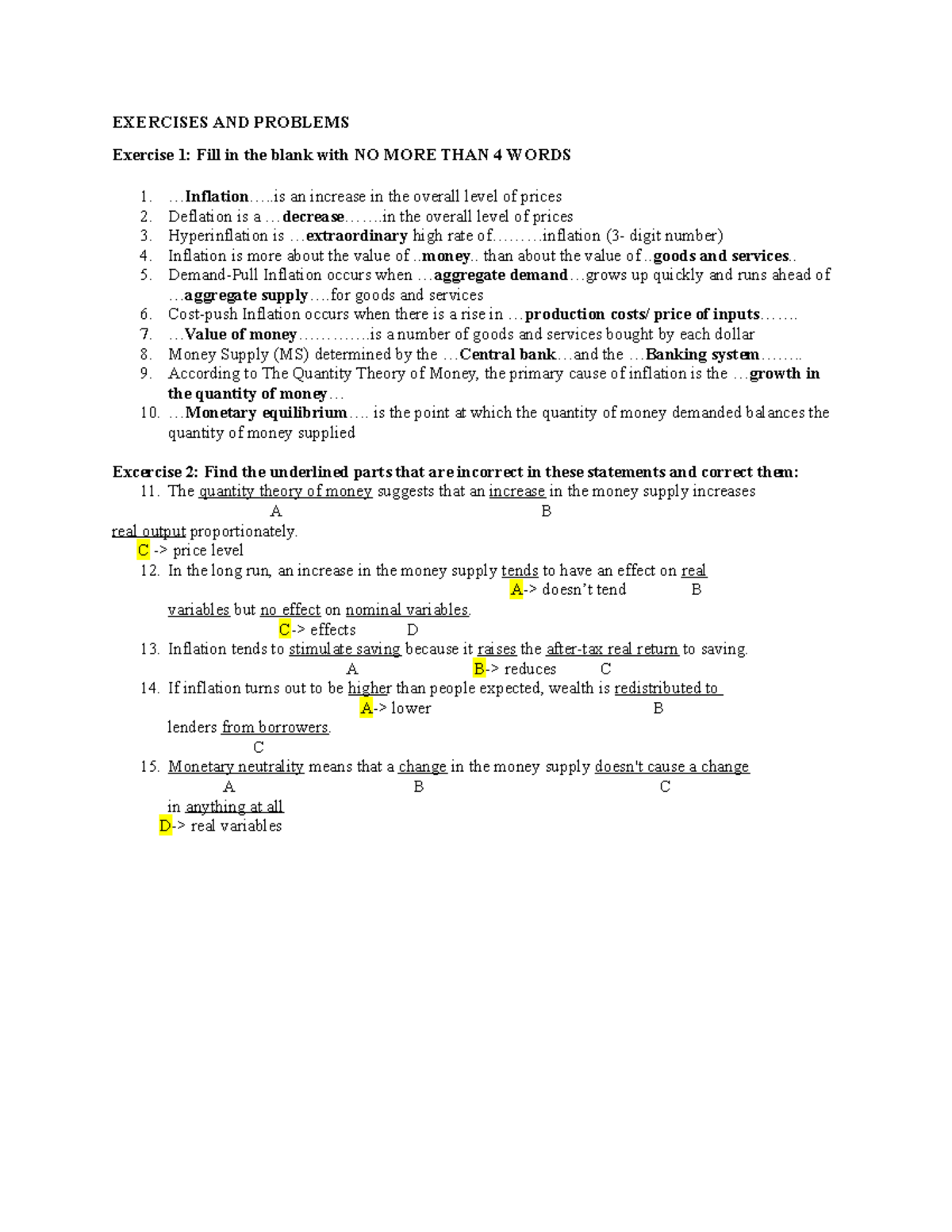 Macroeconomics tutorial 6 question 9 - EXERCISES AND PROBLEMS Exercise 1: Fill in the blank with ...