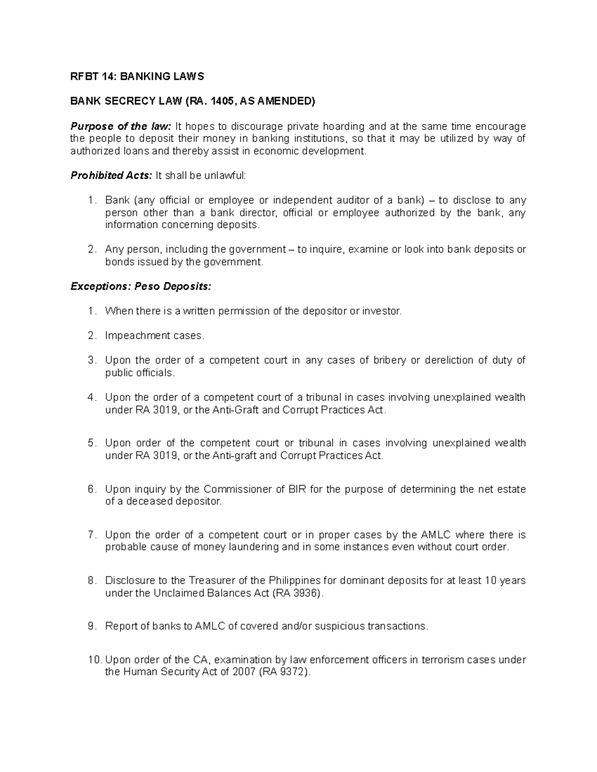 RFBT 14 Banking LAWS - RFBT 14: BANKING LAWS BANK SECRECY LAW (RA. 1405 ...