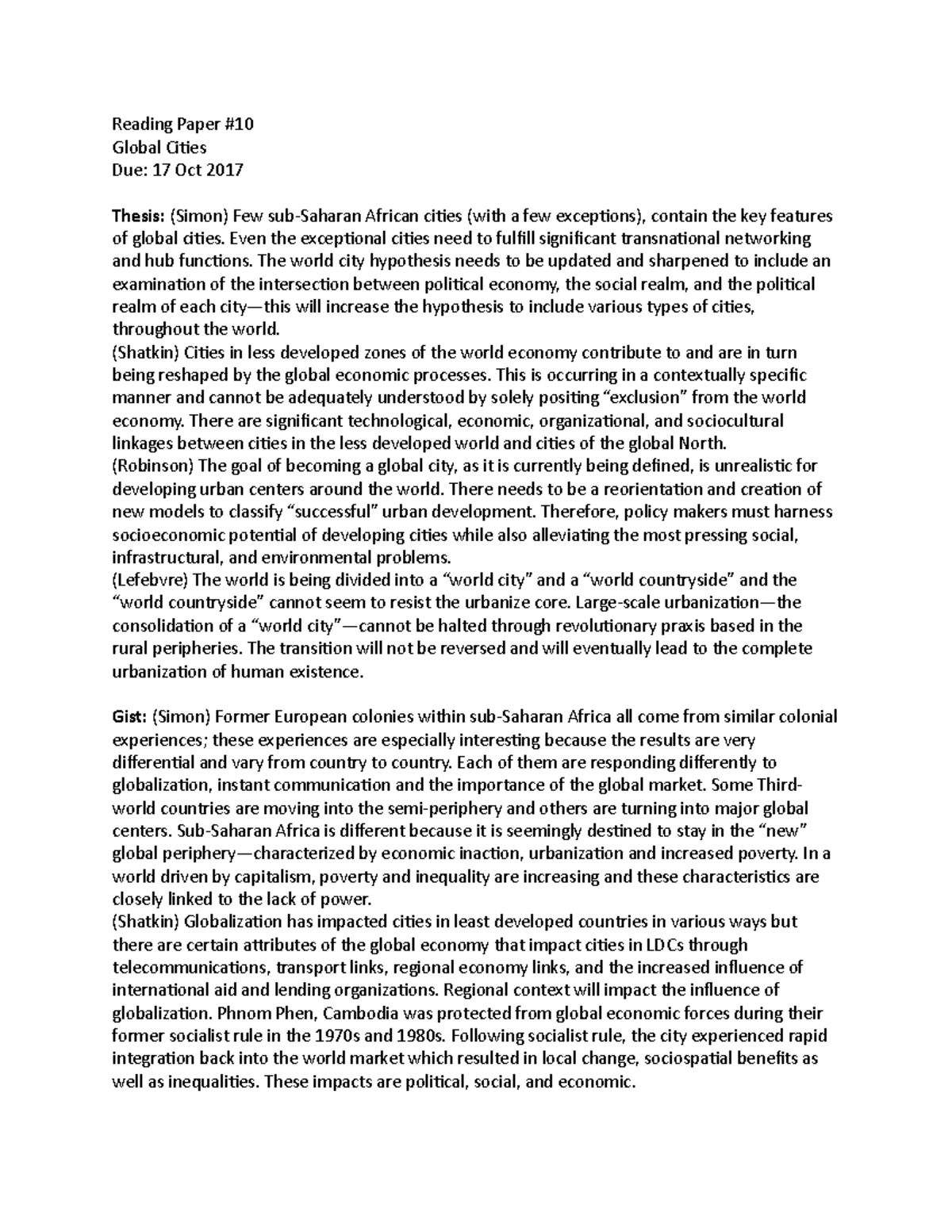 Reading Paper 10 - Reading Paper # Global Cities Due: 17 Oct 2017 ...