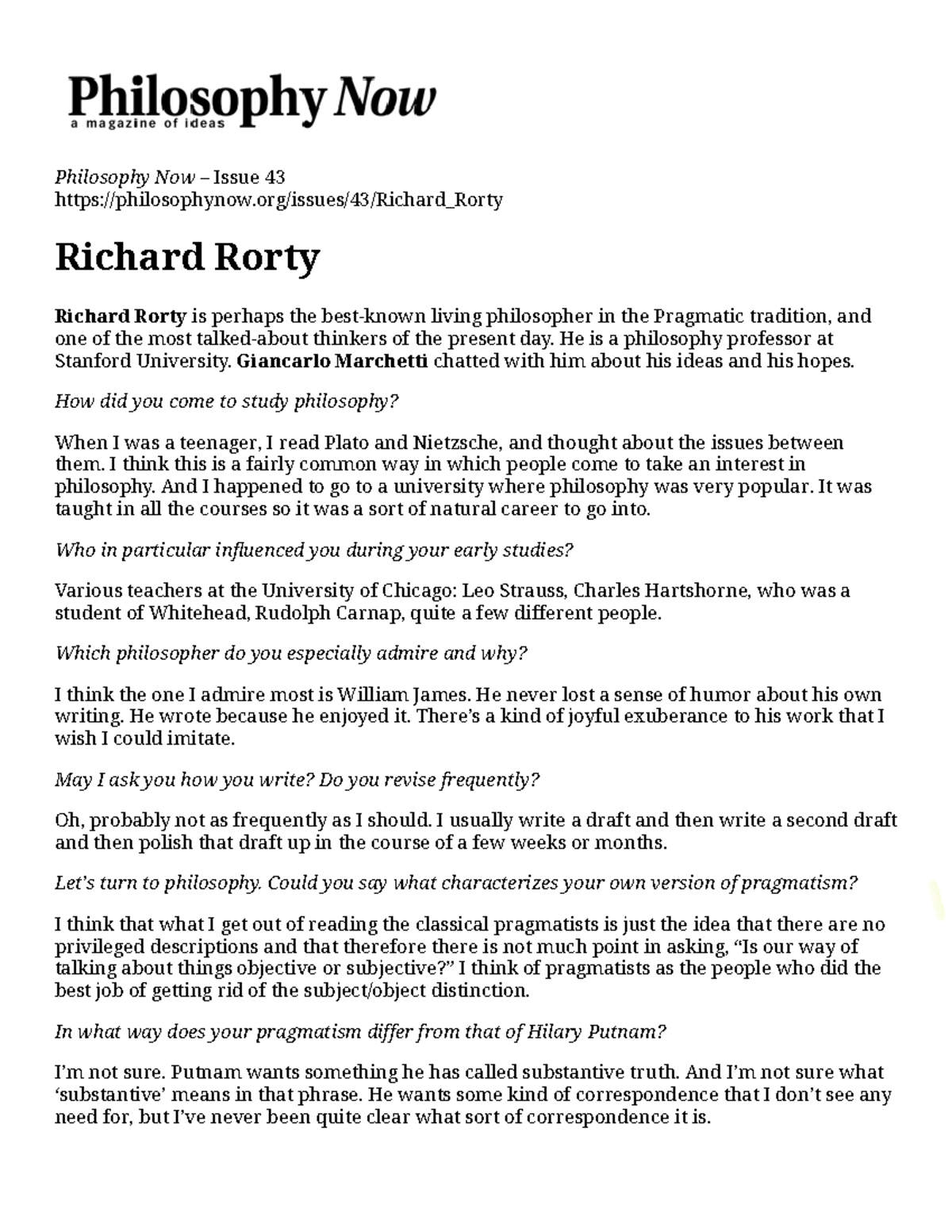 Richard Rorty Issue 43 Philosophy Now - Philosophy Now – Issue 43 - Studocu