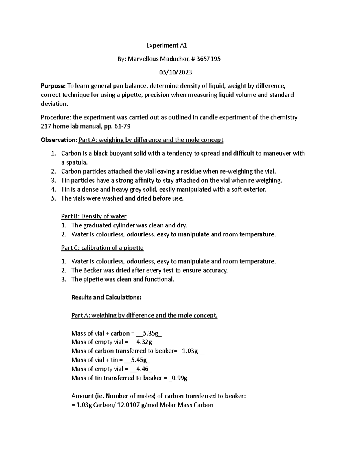 Chem A1 lab - lab assignment - Experiment A By: Marvellous Maduchor ...