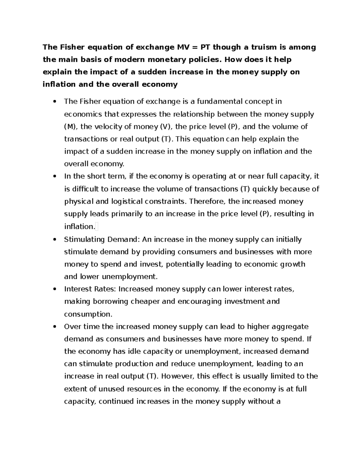 The Fisher equation of exchange MV - How does it help explain the ...