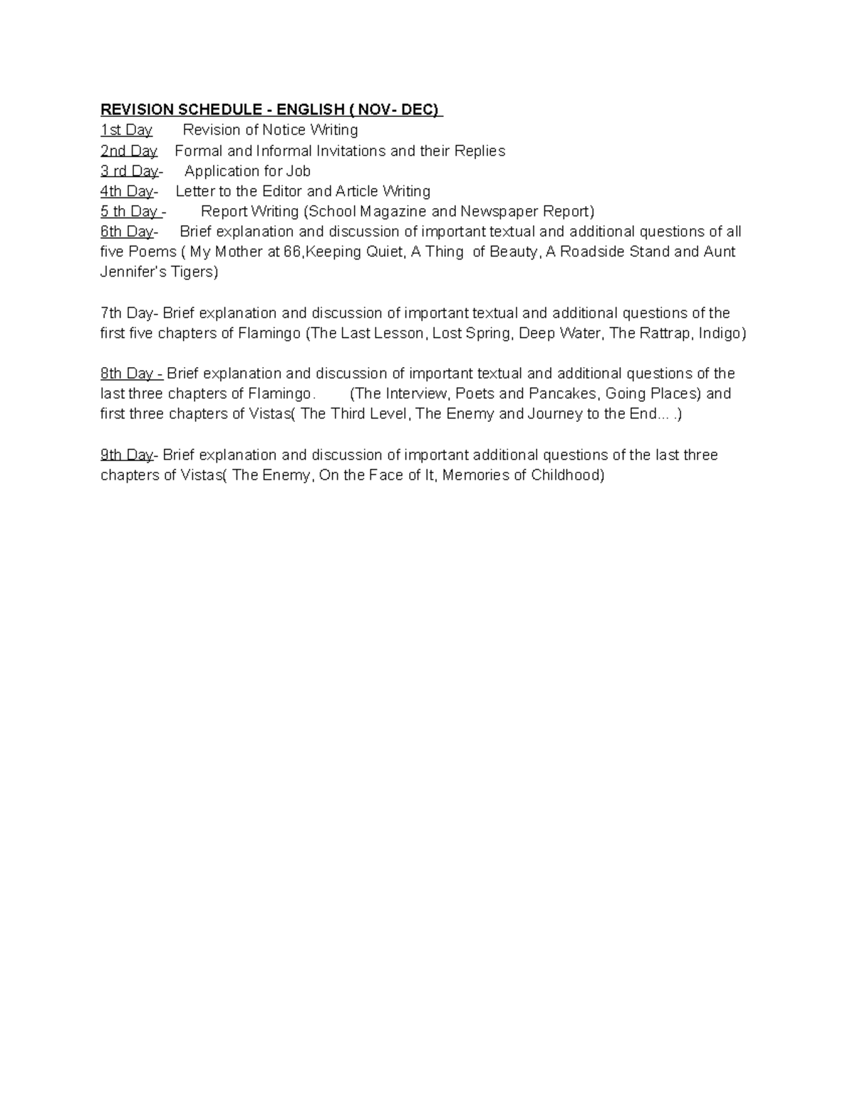 Revision Schedule for English - REVISION SCHEDULE - ENGLISH ( NOV- DEC ...
