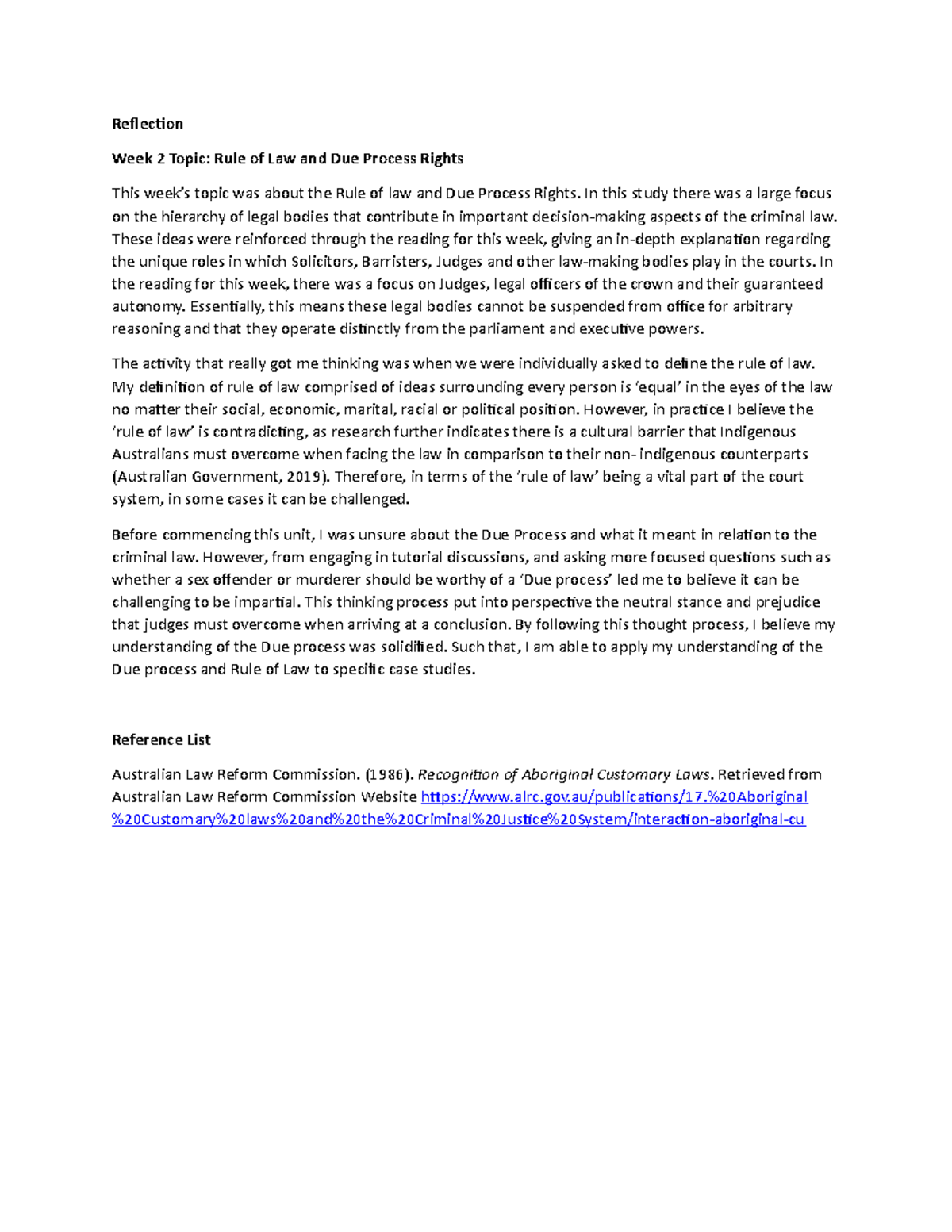 Tutorial Engagement and Reflection - Reflection Week 2 Topic: Rule of ...